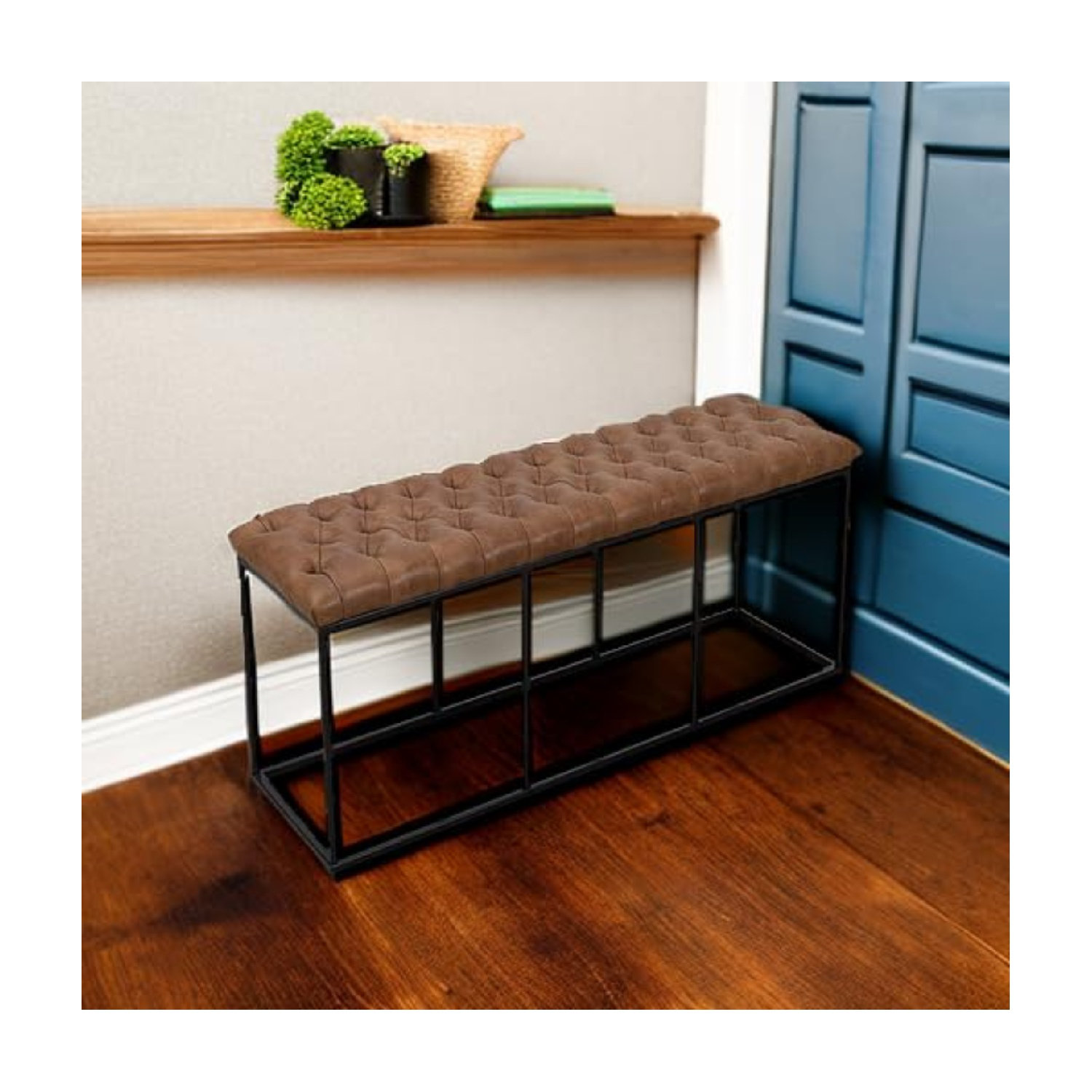 17 Stories Faux Leather Button Tufted Decorative Bench With Metal Base ...