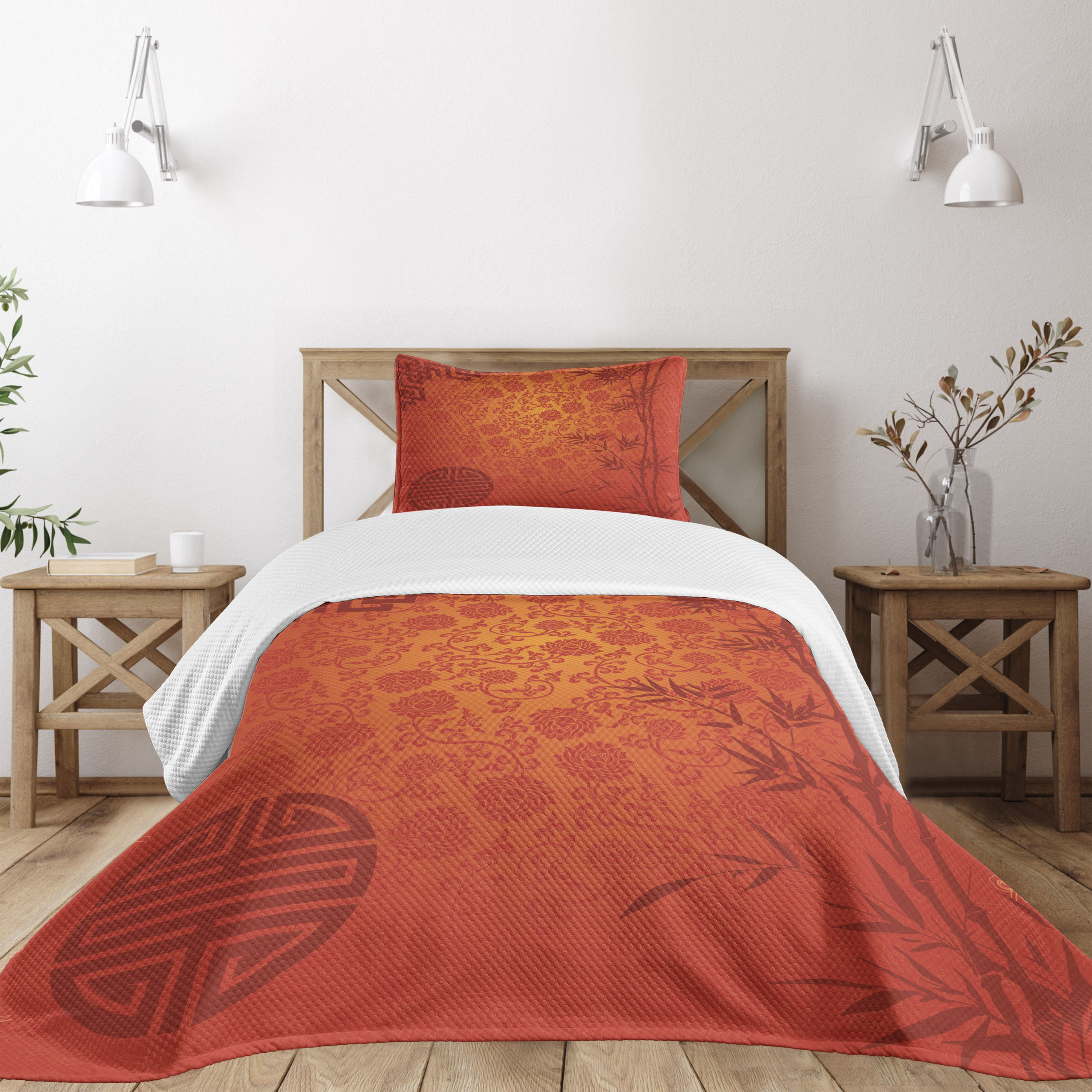 Ambesonne Chinese Bedspread Set Traditional Nature Art Pale Orange ...