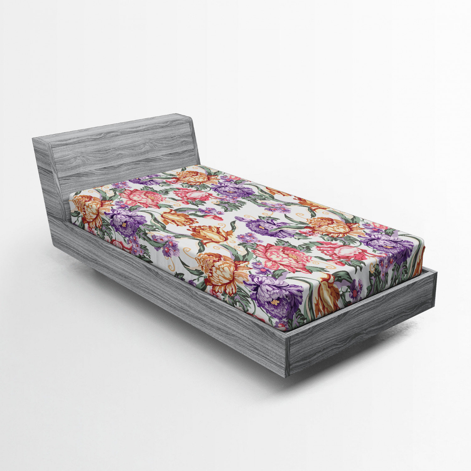 Ambesonne Floral Fitted Sheet, Vintage Colourful Flowers And Curls On ...