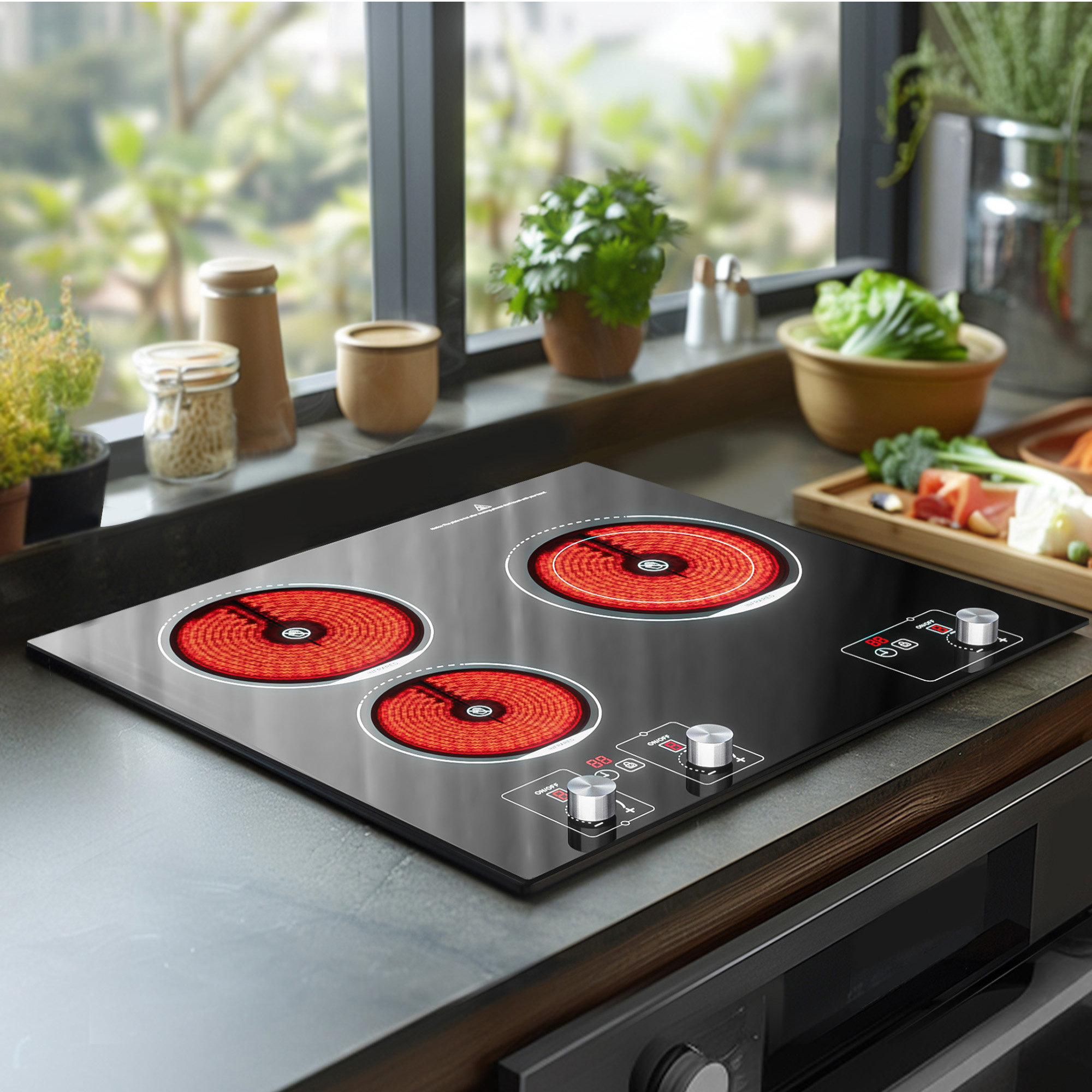 ADVWIN 3 Burner Electric Cooktop 24 Inch Knob Control Built in Ceramic Stove Top with Child Safty Lock Timer 10 Power Setting Over Temperature