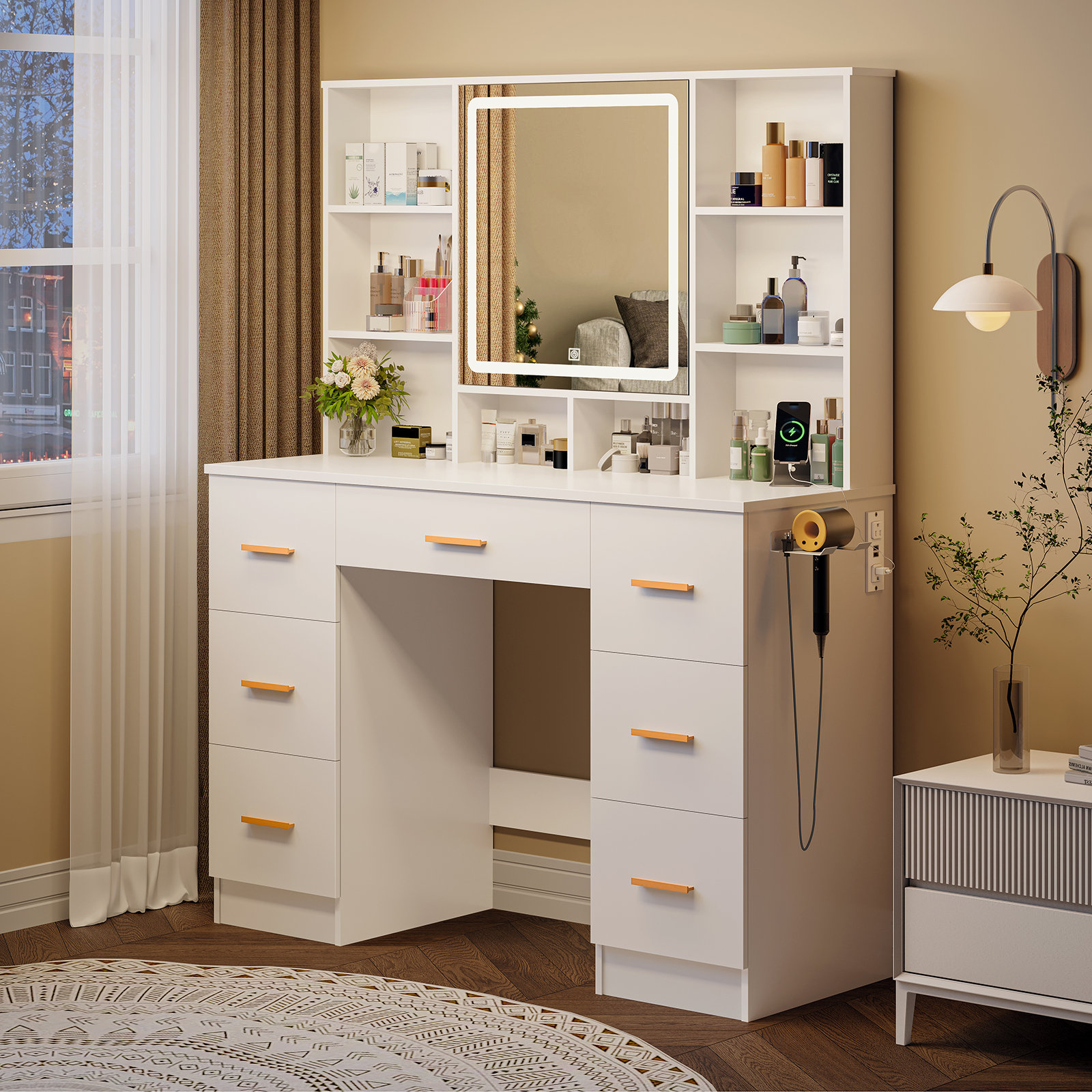 Mercer41 Vanity Desk With Mirror And Lights, Makeup Vanity With ...