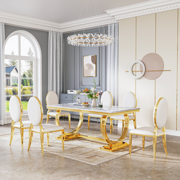 Rosdorf Park 7-Piece Modern Faux Marble Dining Room Set Of 6,With 6 PU ...