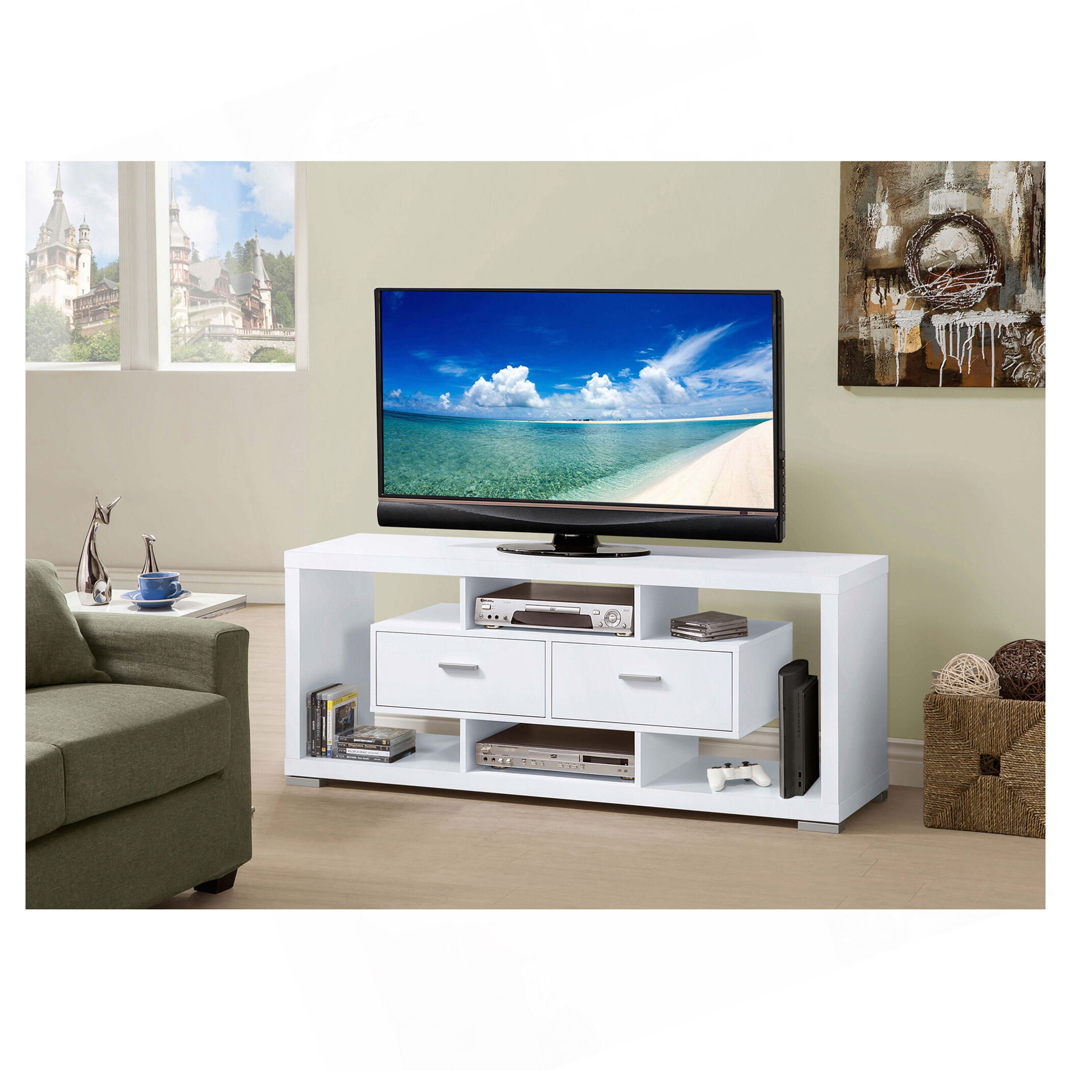 Ivy Bronx Ozawa White 2-Drawer Engineered Wood TV Stand, Perfect for ...