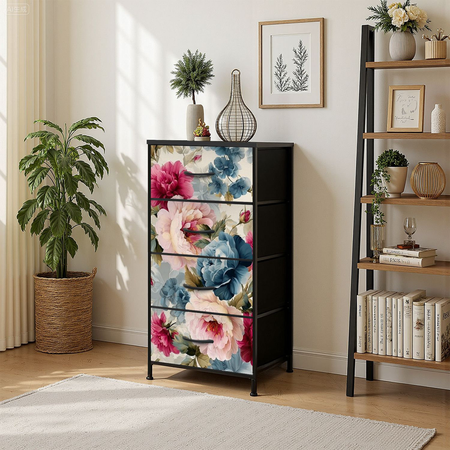 Ebern Designs 4 Drawer Vertical Storage Dresser Intricate Floral roses ...