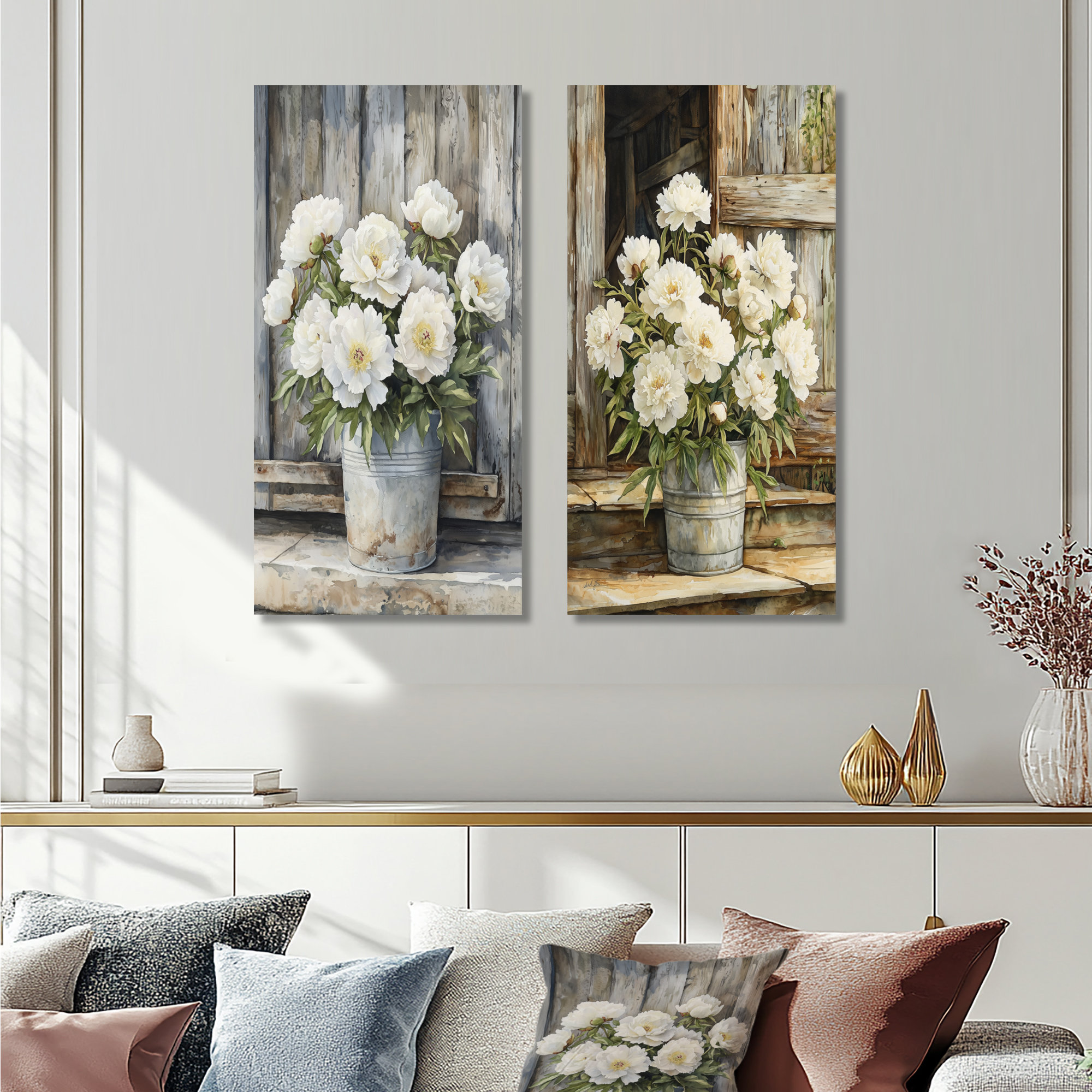 Ophelia & Co. Barnyard Bloom Peonies In Pot I - Floral Canvas Prints 2 Panels Collection ...