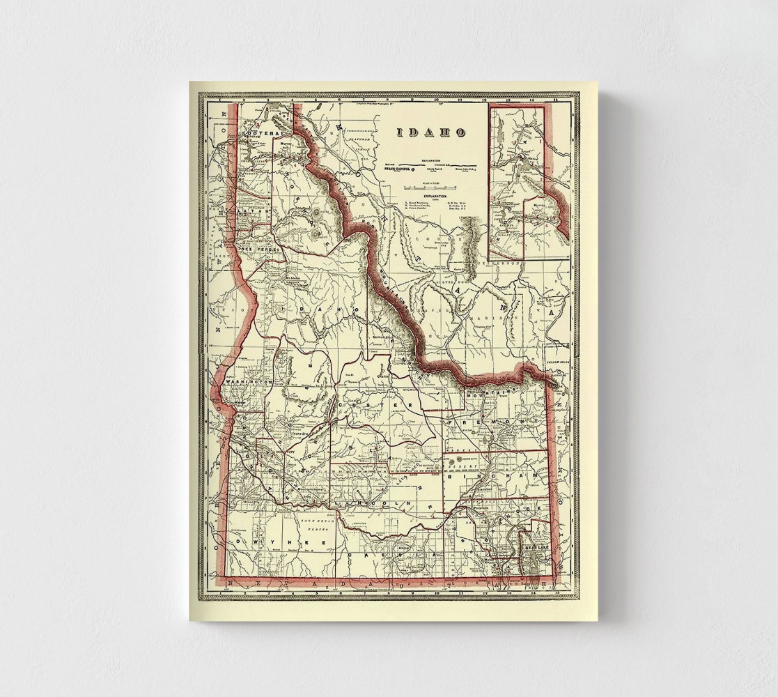 WeFrameArt Idaho Map Print, Framed Vintage Map Print, Vintage Idaho Map ...