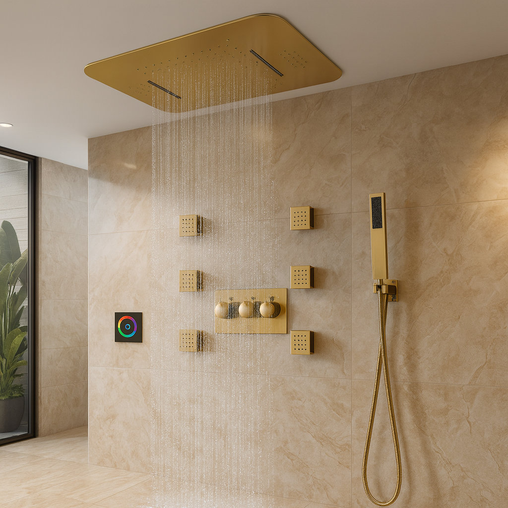 FontanaShowers Barletta Thermostatic Gold Touch Panel Controlled LED Musical Rainfall Waterfall ...