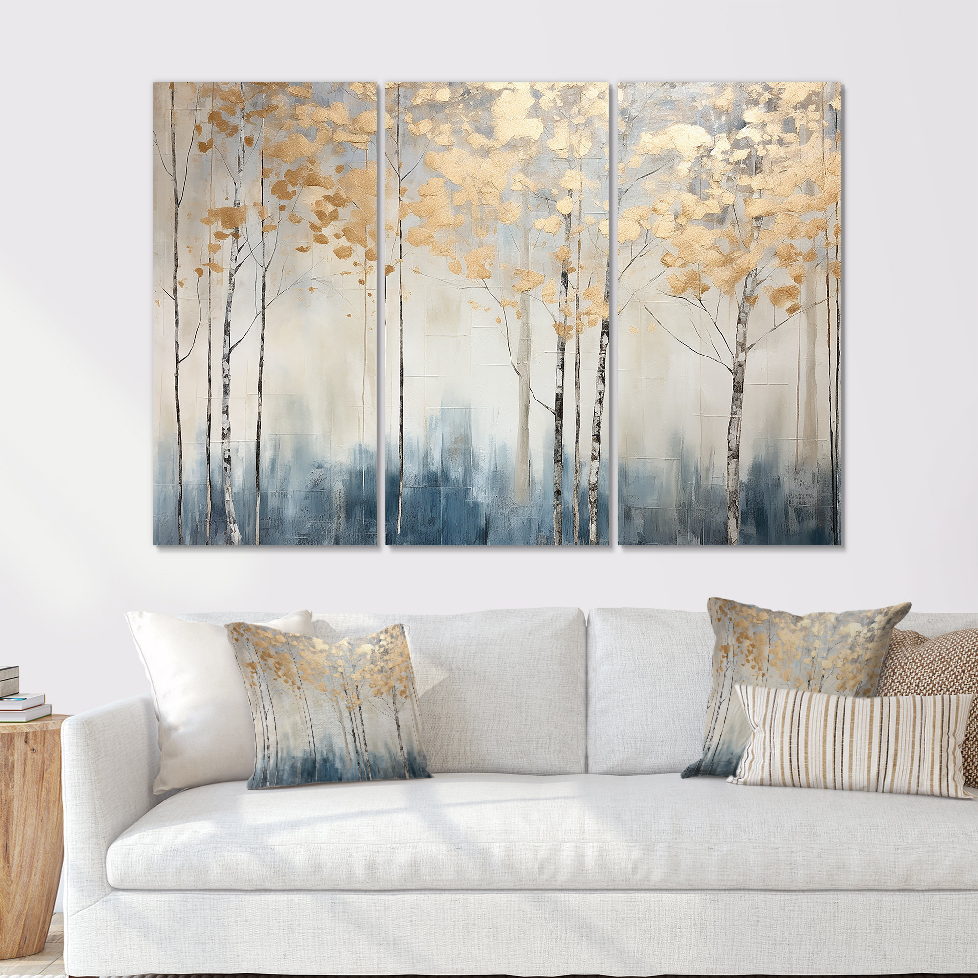 Design Art Minimalism Blue And Gold Forest II - Forest Wall Art Set ...