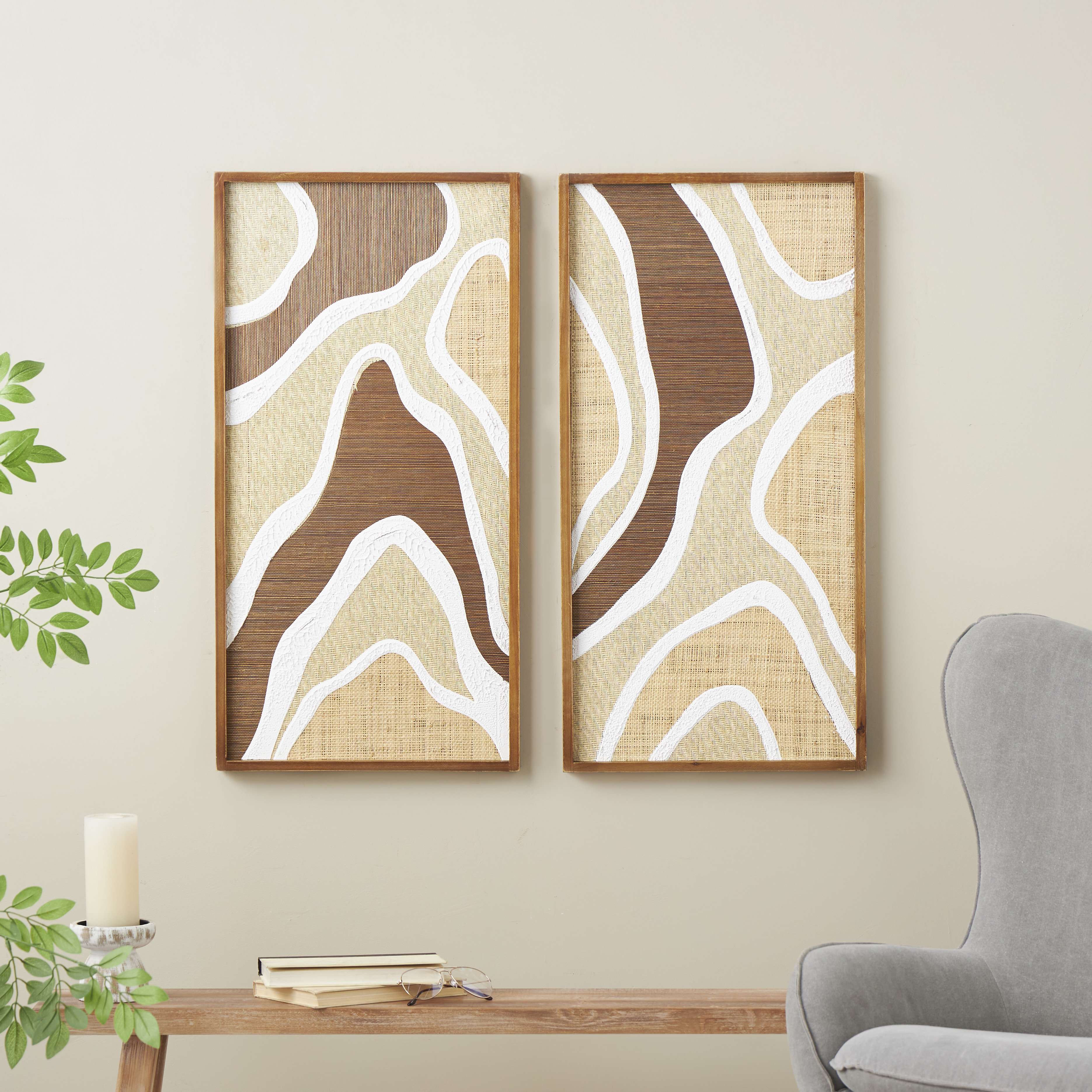 Ivy Bronx Wood Textured Wavy Abstract Brown Wall Decor with White and ...