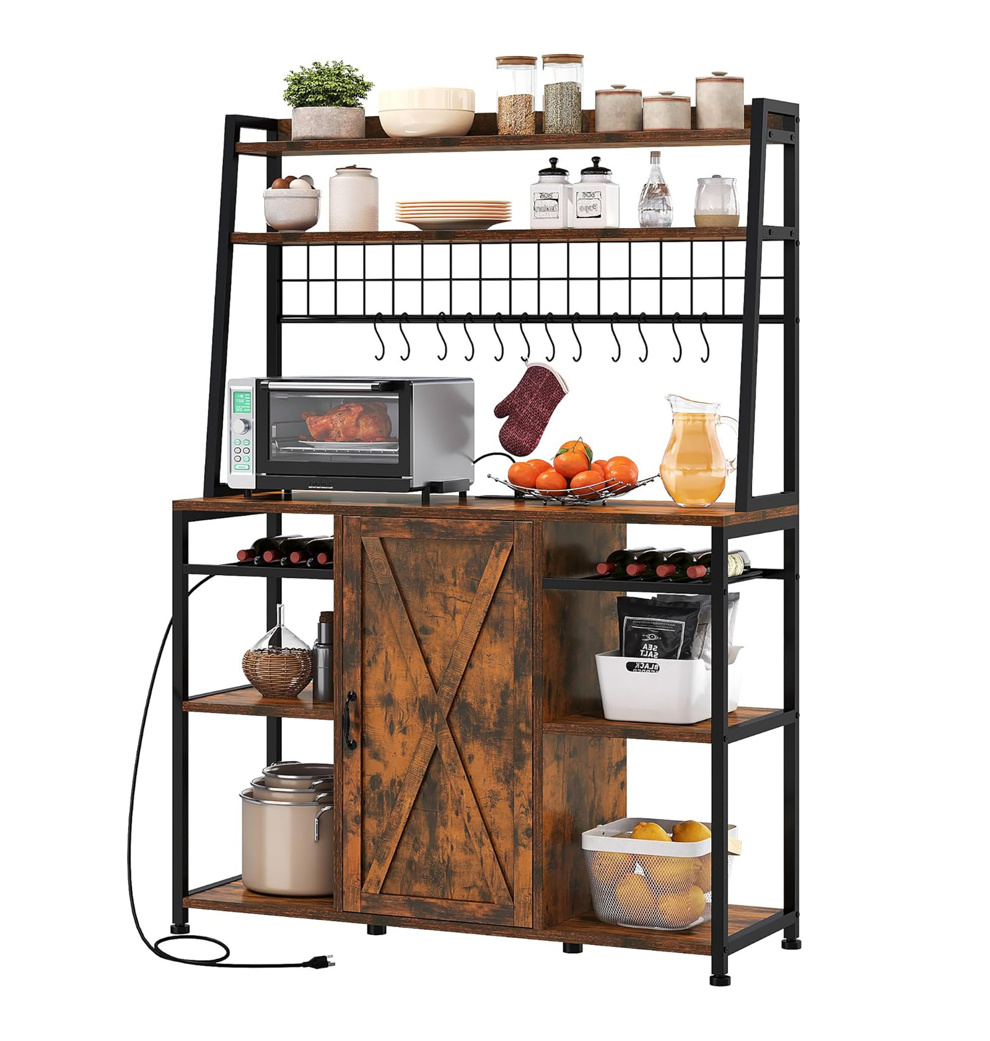 Fairub Large Bakers Rack With Power Outlet And Storage Cabinet, Kitchen ...