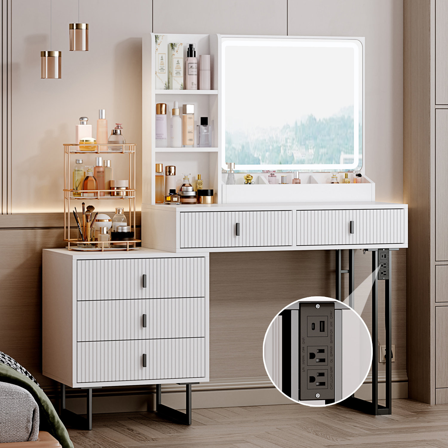 Ivy Bronx Axelson Makeup Vanity Desk with Large Mirror and Lights ...