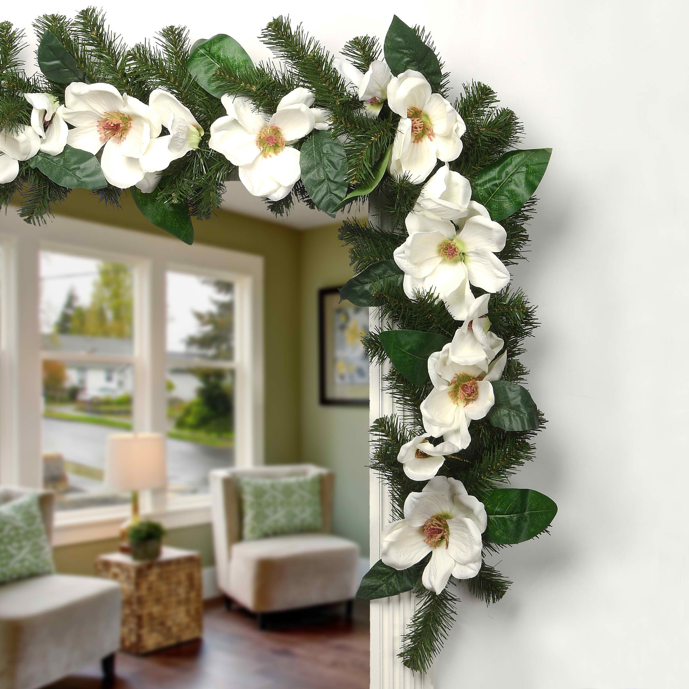 The Holiday Aisle® 6 Ft. North Valley Spruce Magnolia Flower Garland ...
