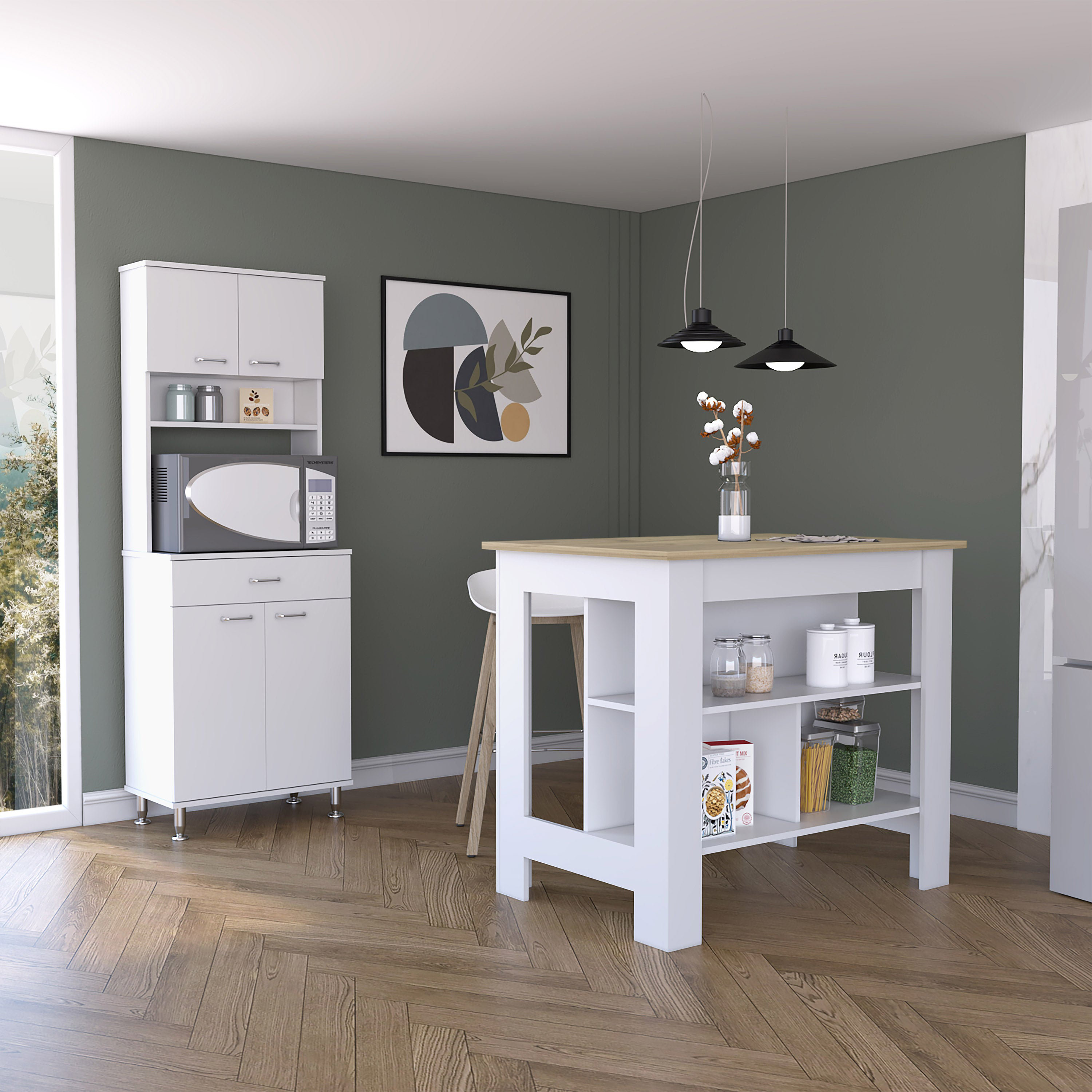 Latitude Run® 2 Piece Kitchen Set, Kitchen Island + Kitchen Pantry ...