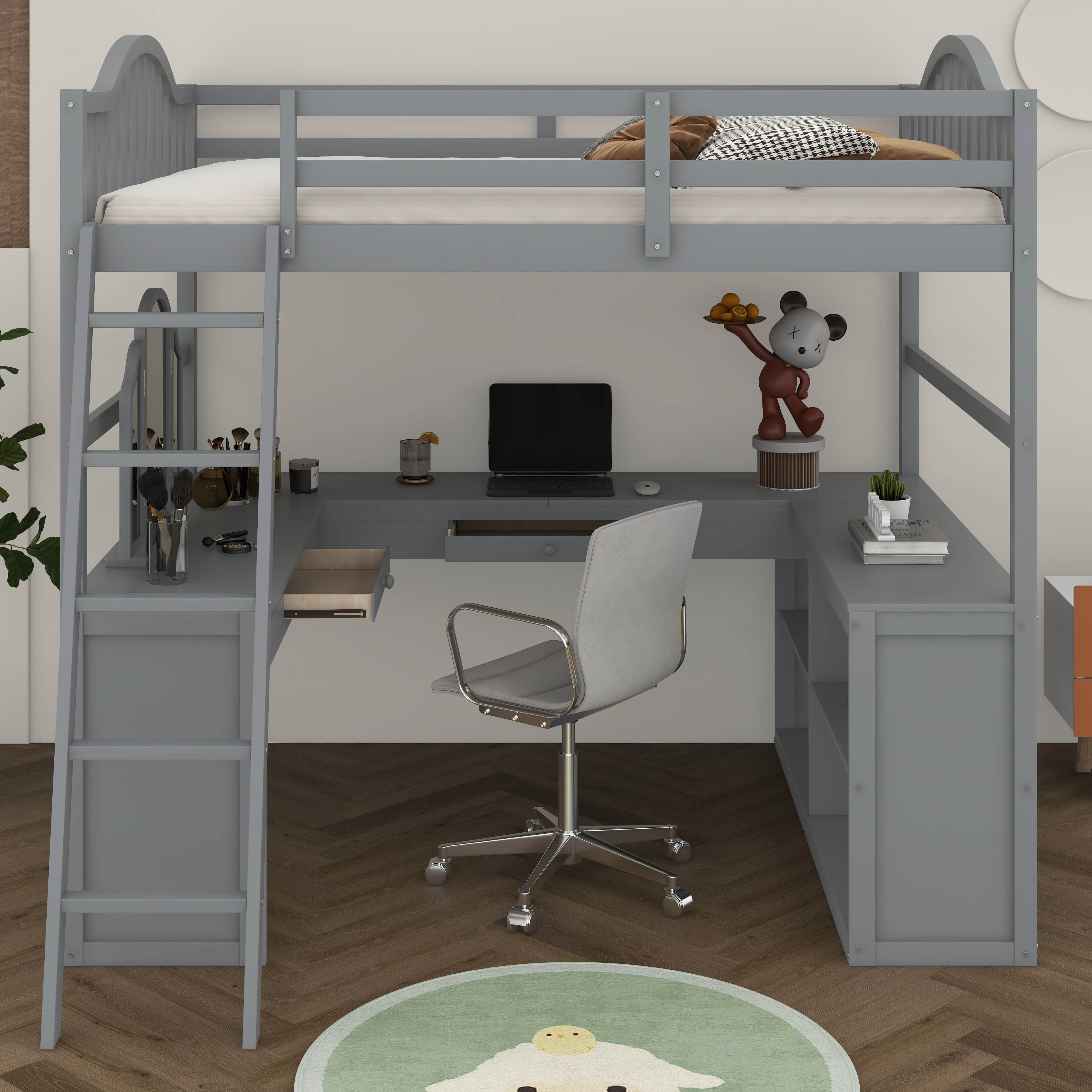 Harriet Bee Full Wooden Loft Bed With U-Shaped Desk,Storage ...