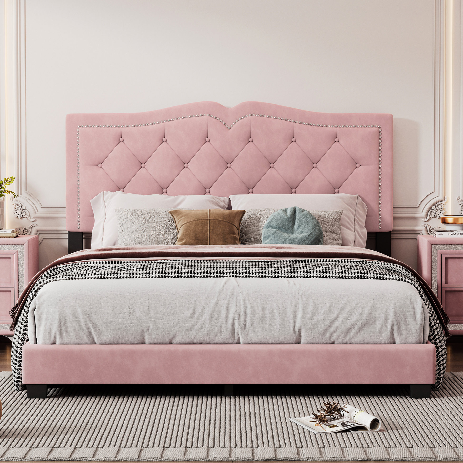 Mercer41 Queen Size Bed With Velvet Headboard - Modern Upholstered ...
