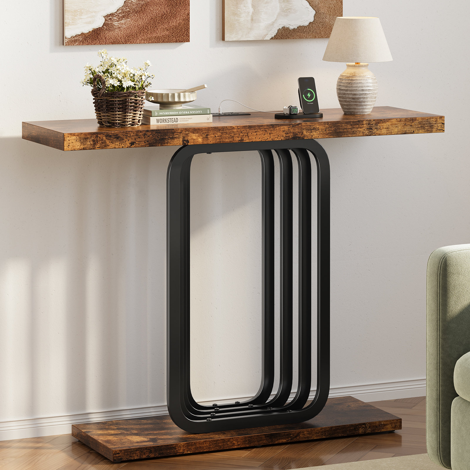 17 Stories Narrow Console Table With Outlet, Industrial Entryway Table ...