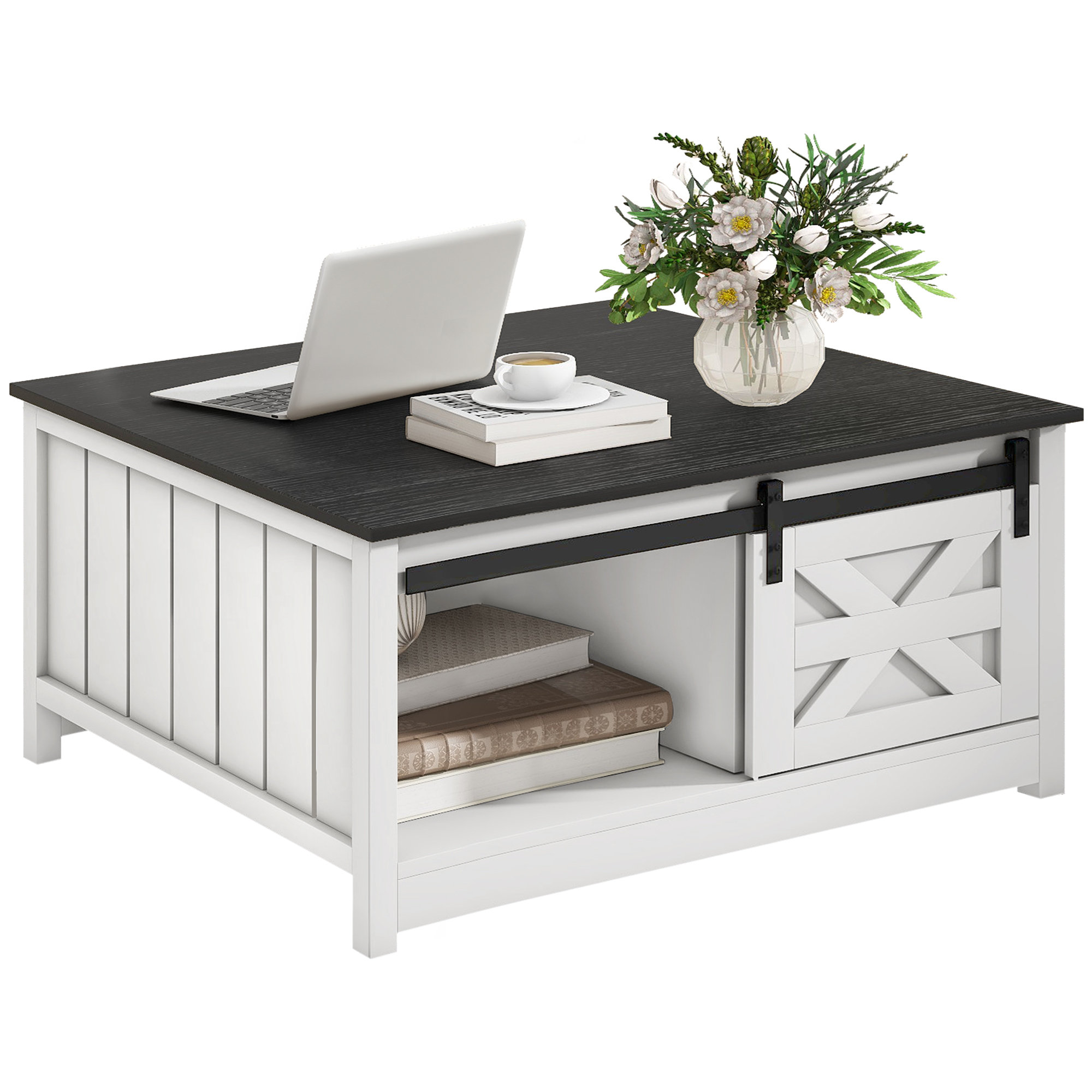 Gracie Oaks Farmhouse Coffee Table With Storage Square Center Table With Sliding Door, Small ...