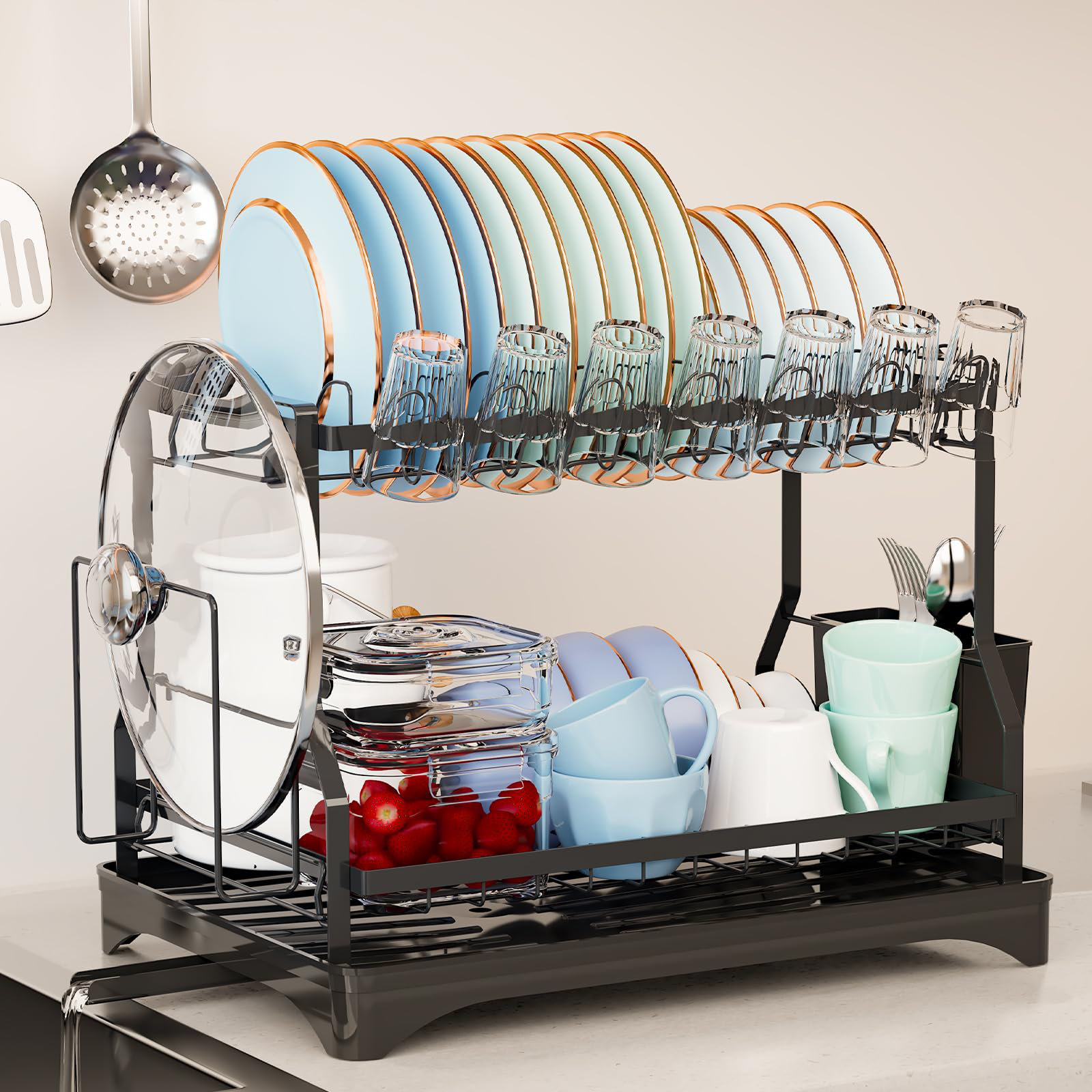 ZINOGI 2-Tier Stainless Steel Dish Drainer Organizer with Cutlery ...