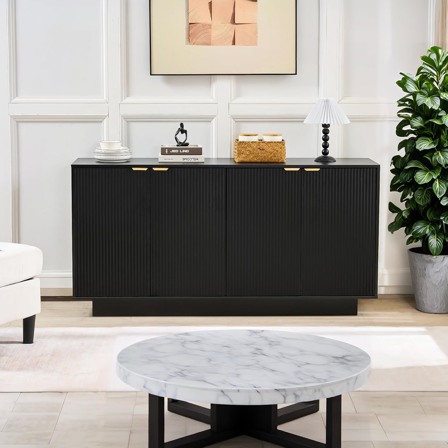 Ebern Designs 63''Large Fluted Sideboard Buffet Cabinet, Modern Buffet Table Coffee Bar Wine Bar ...