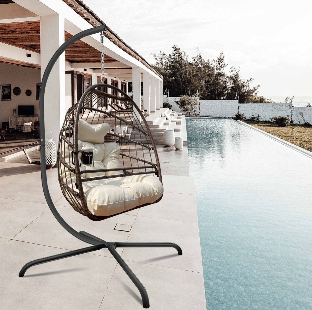 Dakota Fields Folding Swing Egg Chair with Stand - Wicker Rattan, C ...