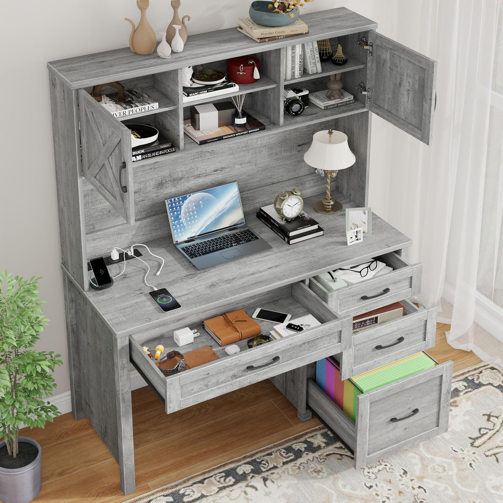 Gracie Oaks Farmhouse 67" H Executive Desk With Hutch And LED Light ...