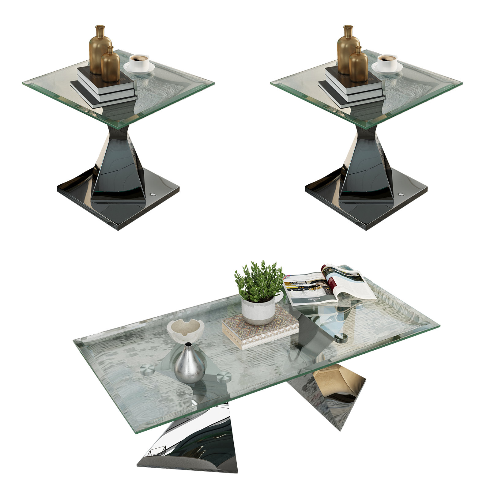 Everly Quinn 3 Piece Glass And Gold Living Room Coffee Table Set With ...