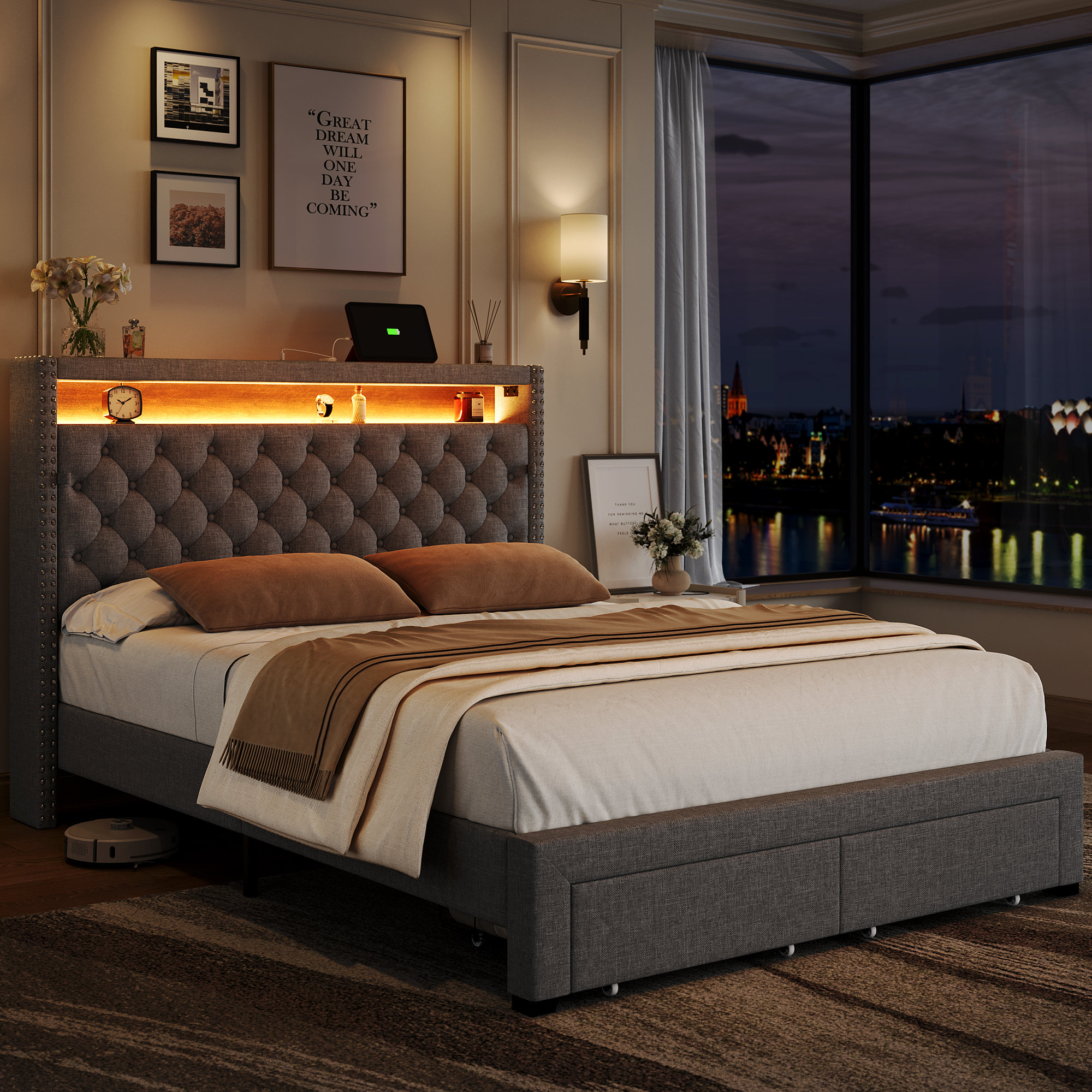 Ivy Bronx Storage LED Headboard with Charging Station Bed Frame | Wayfair