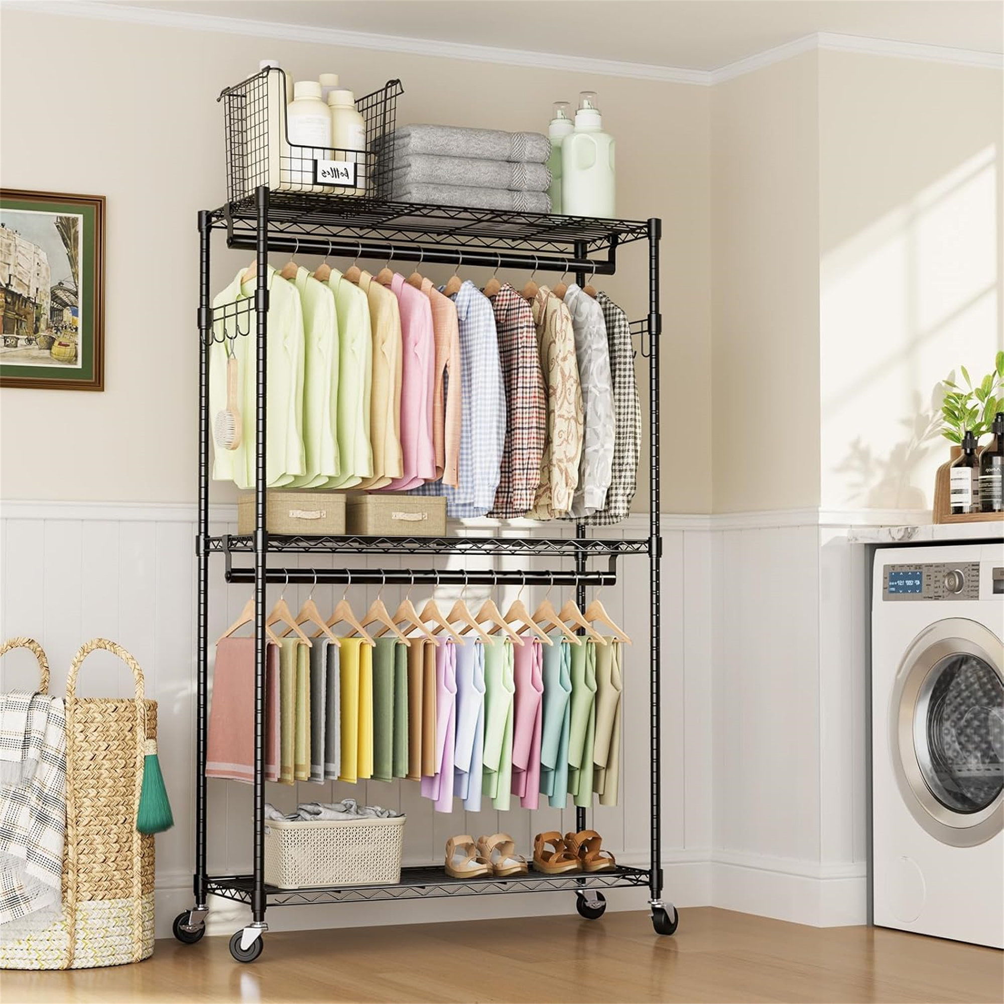 Rebrilliant Clothes Rack with Rollers, Rollable Metal Freestanding ...