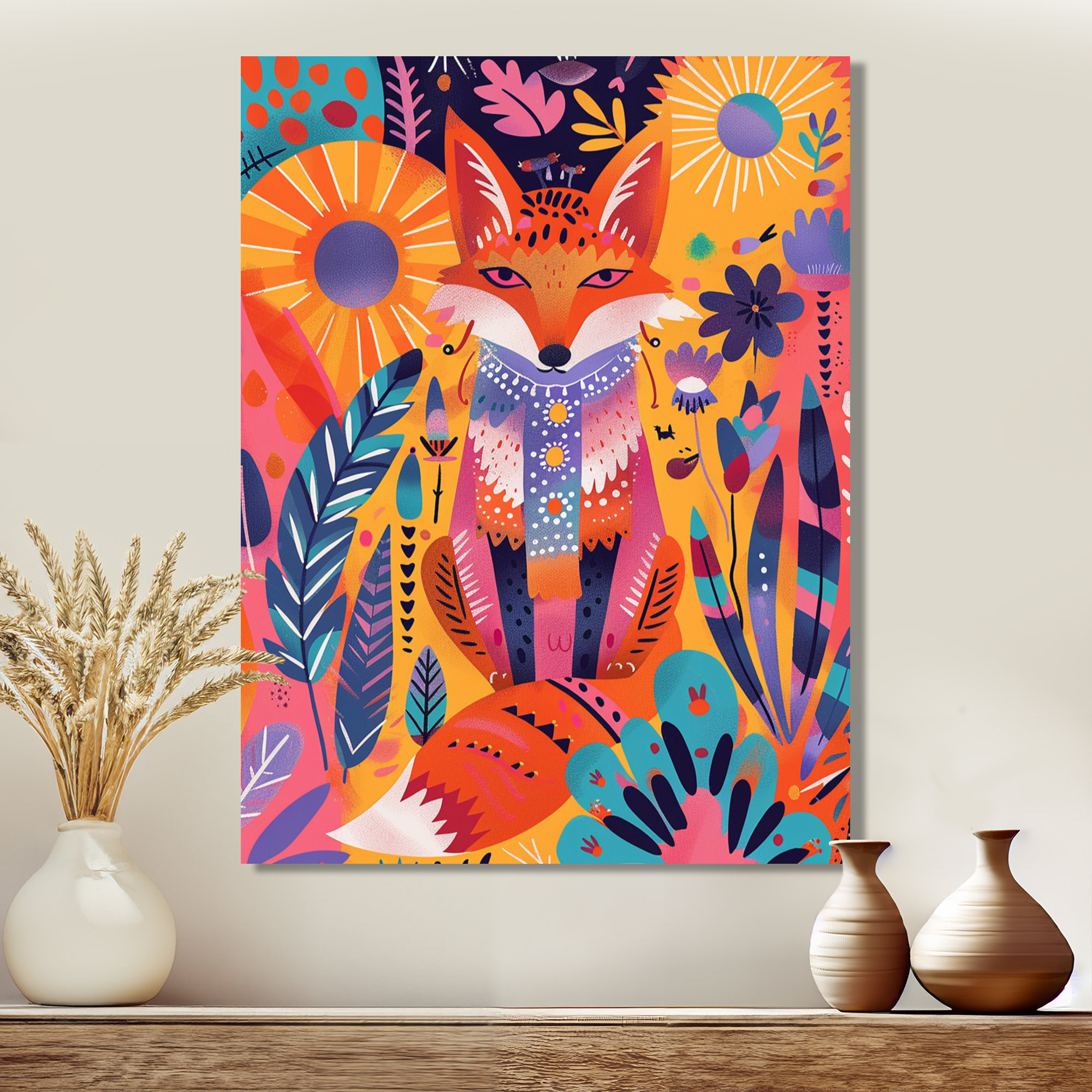 Millwood Pines Colorful Boho Fox In Retro Flower Forest I - Fox Animal ...
