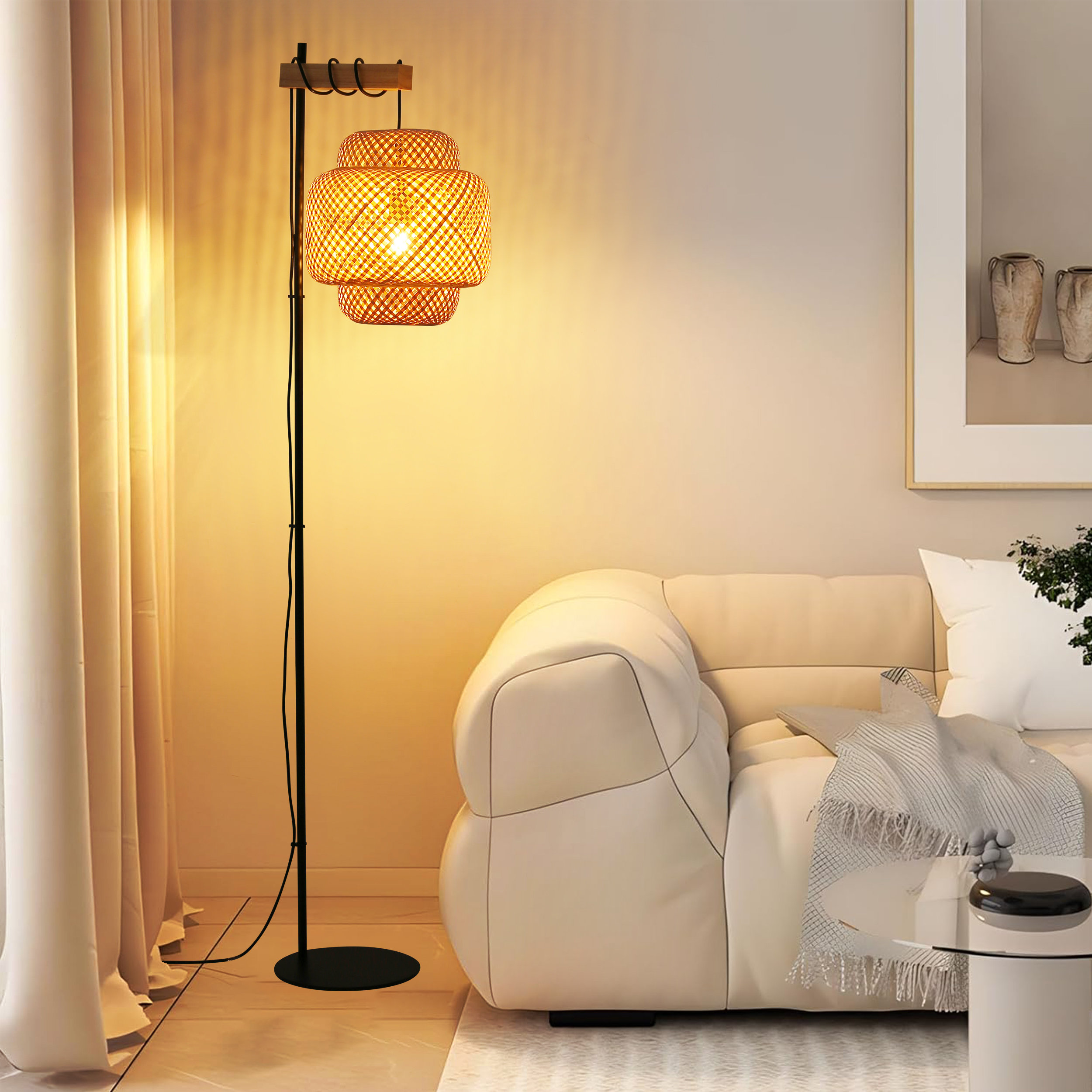 Bay Isle Home™ Cordrey Bamboo Rattan Woven Wood Floor Lamp With Foot ...