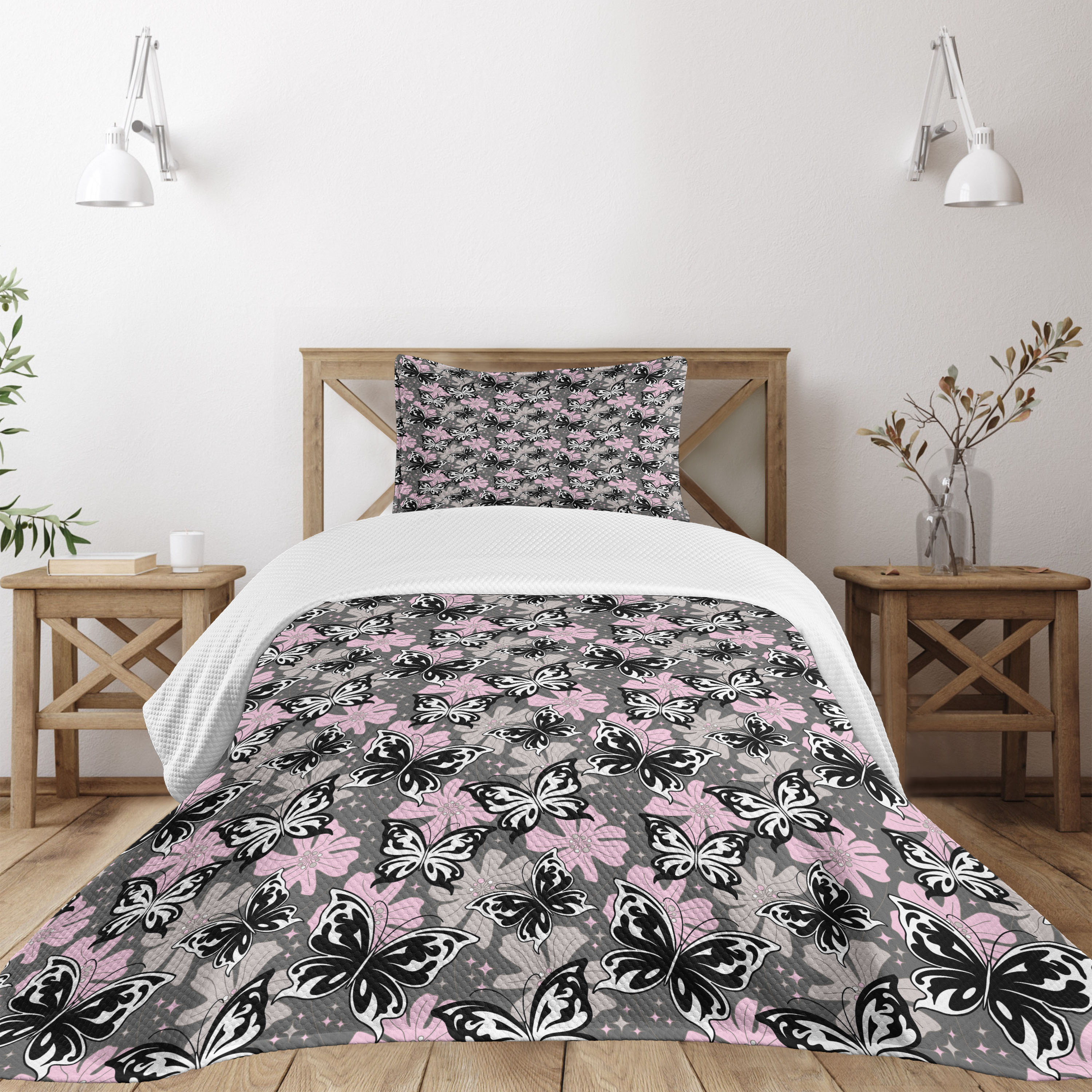 Ambesonne Butterfly Bedspread Set Romantic Summertime Taupe Pink Black ...