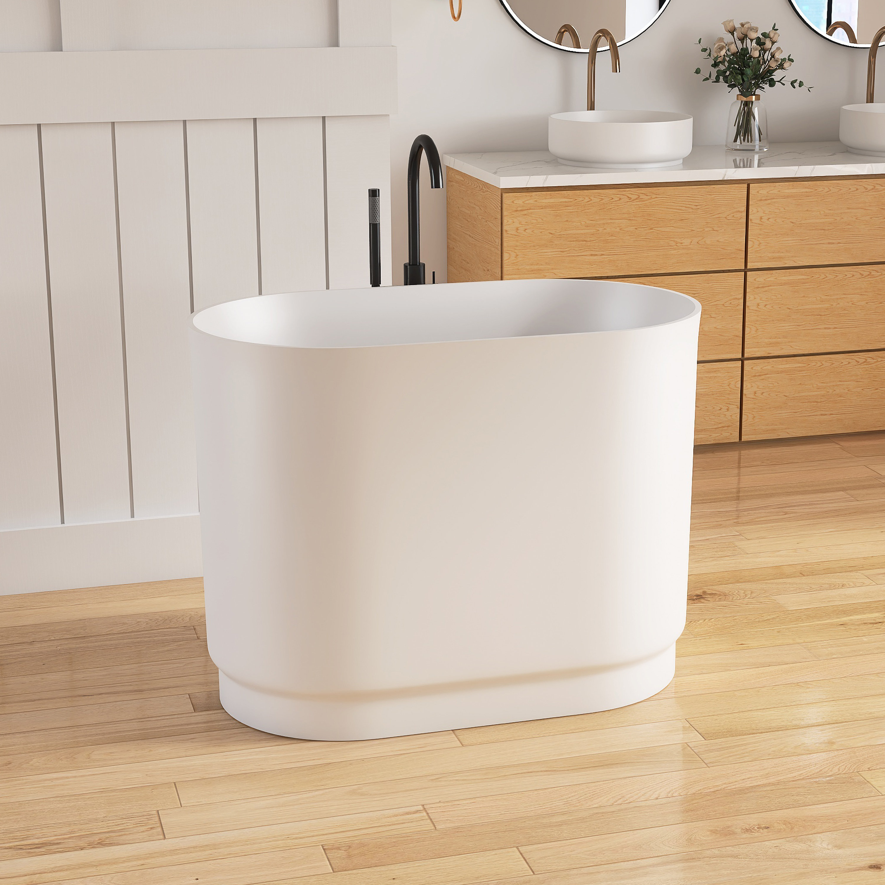 MEDUNJESS 39'' Freestanding Tub Solid Surface Soaking Bathtub with Seat ...