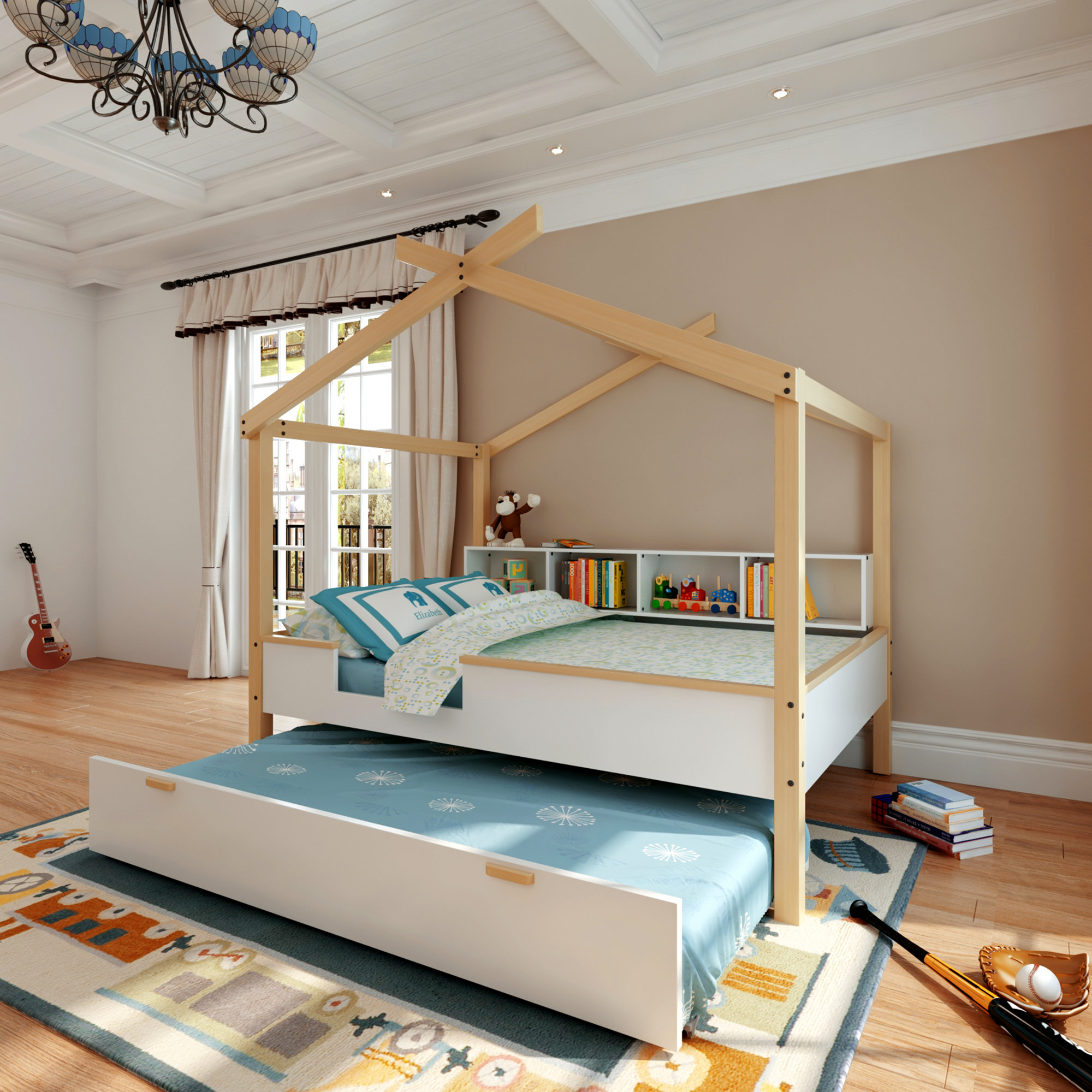 Harper Orchard White Wooden House Bed With Twin Size Trundle And ...