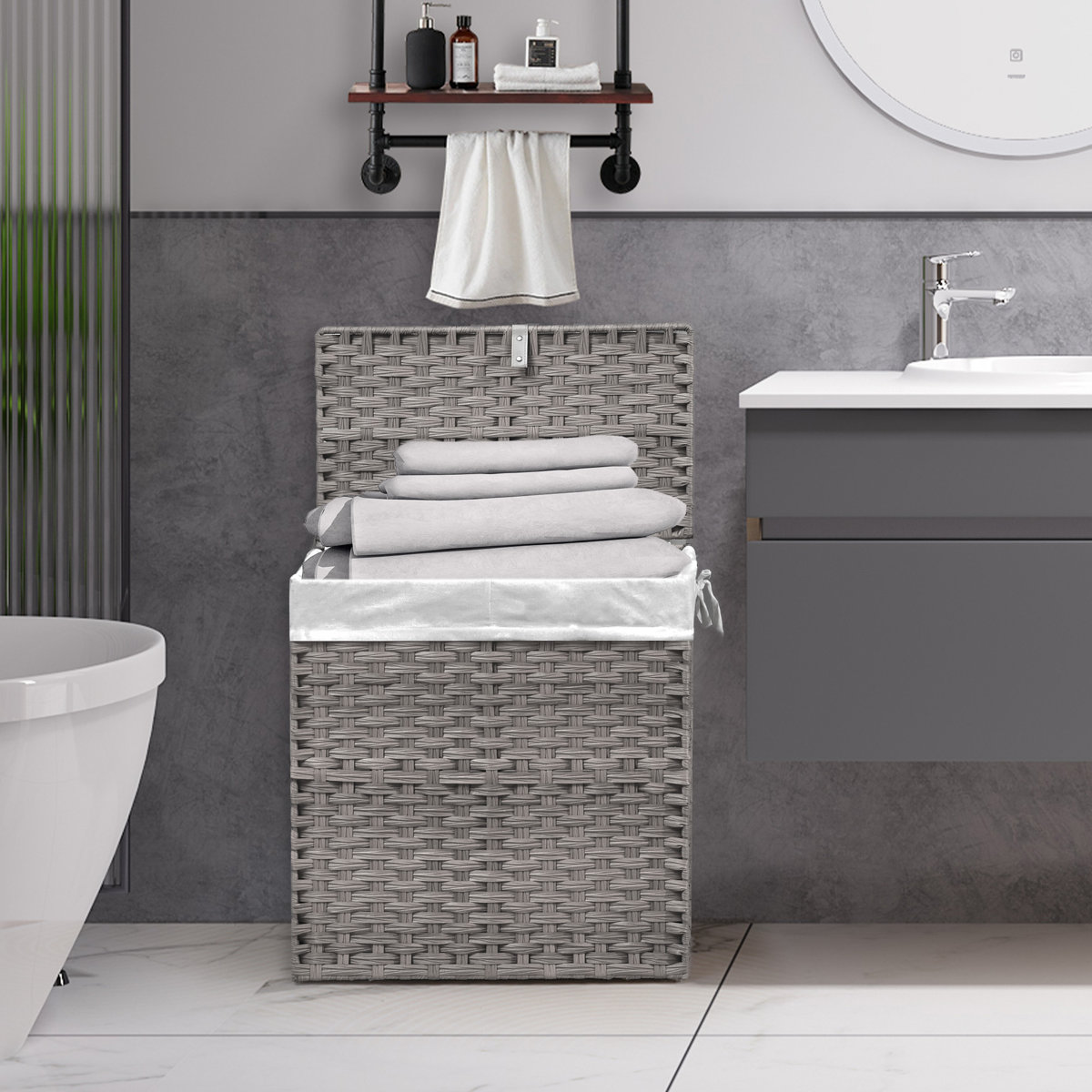 Winston Porter Wicker Laundry Hamper with Lid, 90L/110L Storage ...