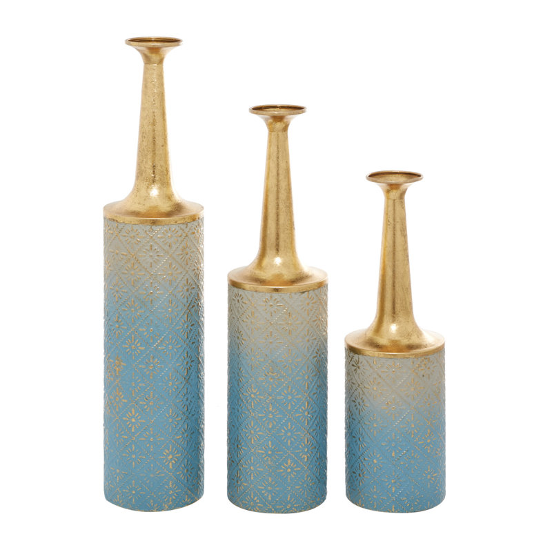 Etta Avenue™ 3 Piece Annamarie Blue/Gold Metal Floor Vase Set & Reviews ...