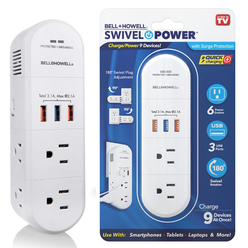 Bell + Howell 180 Degree Swivel Power Strip with 6 Power Outlets and 3 ...