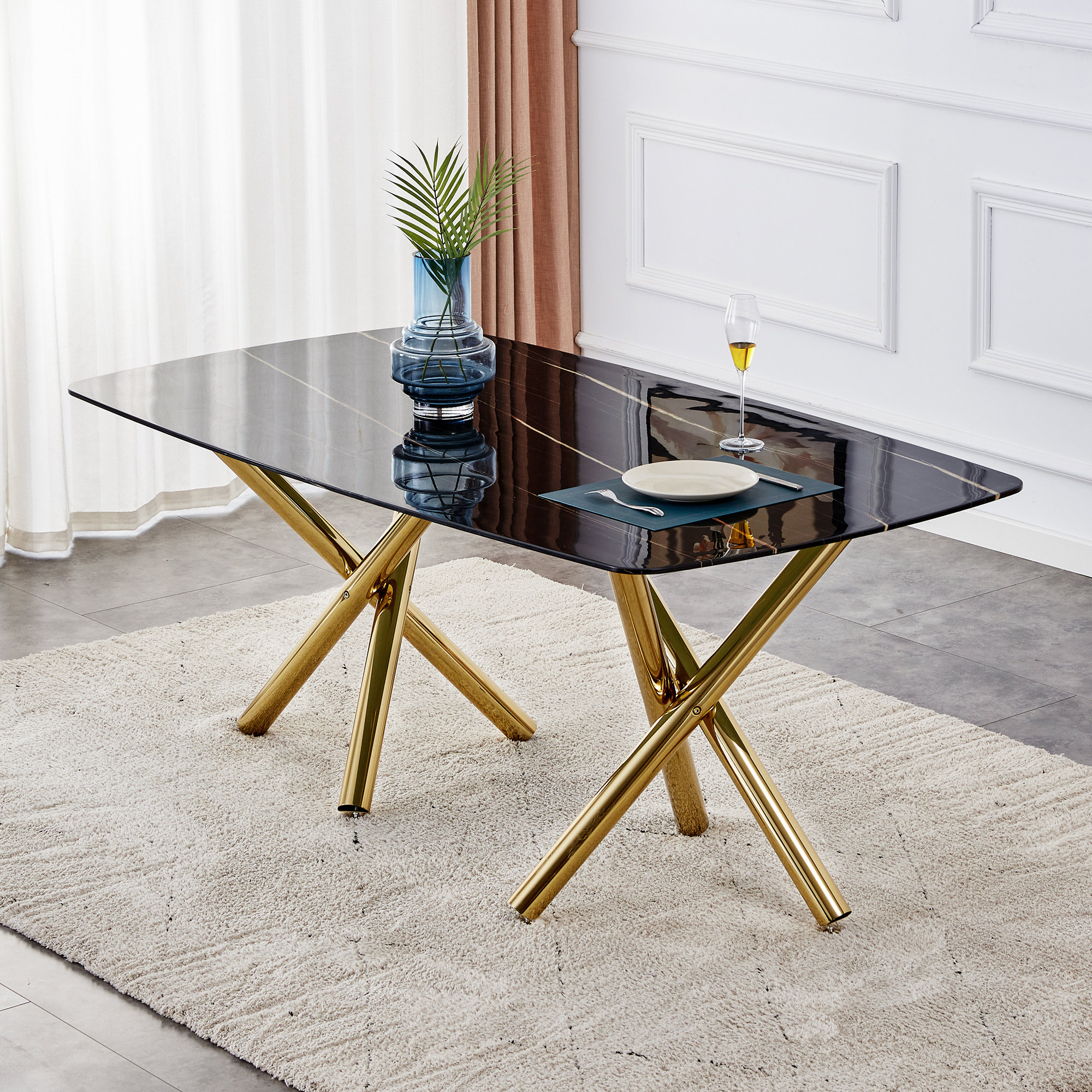 Ebullient 71" Round Rectangular Black Marble Top Dining Table with Gold ...
