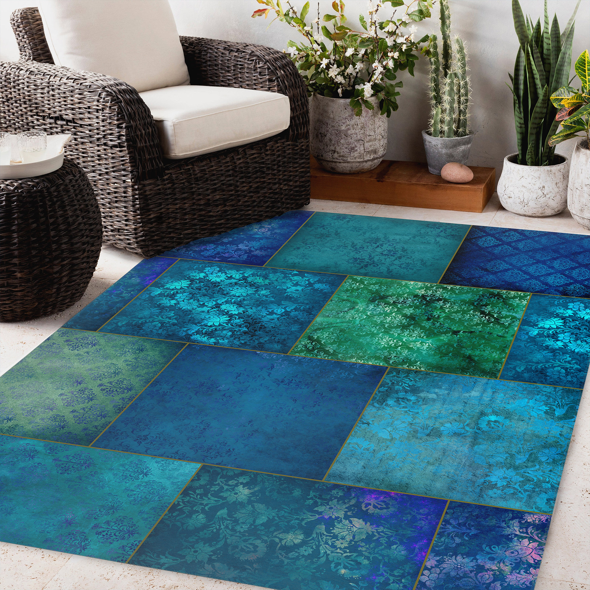 Bungalow Rose Edny Geometric Blue/Green Indoor / Outdoor Area Rug ...