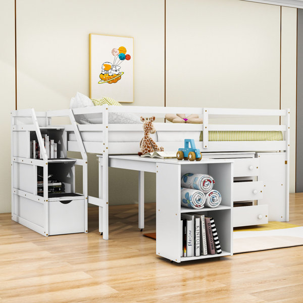 Harriet Bee Longmeadow Wood 3 Drawers Loft Bed with Retractable Desk ...