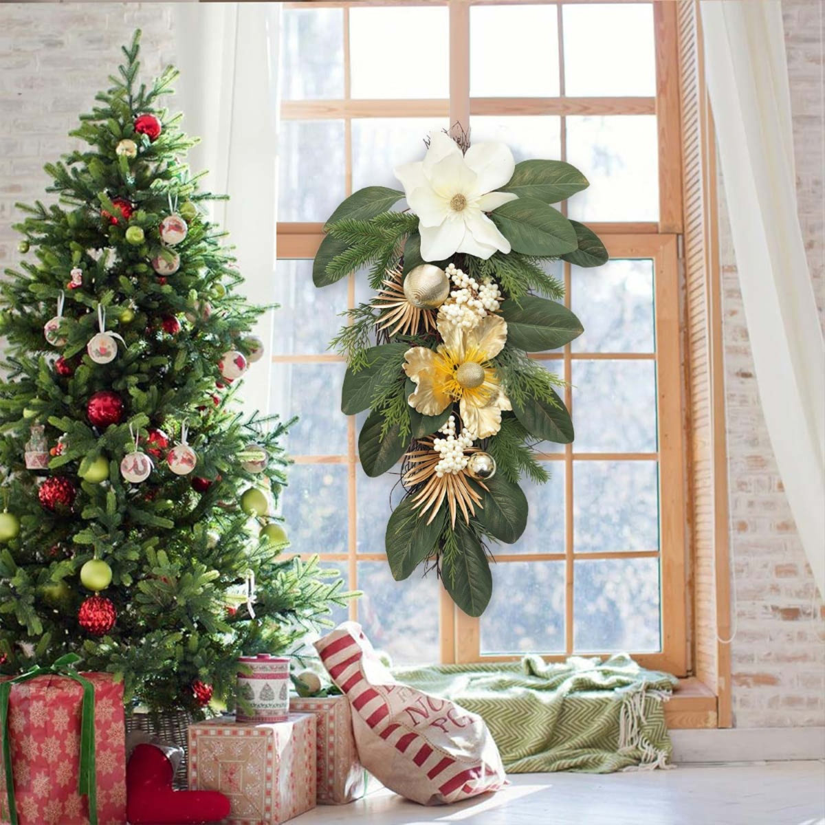 The Holiday Aisle® Christmas Teardrop Swag For Front Door, 25.6 Inch ...