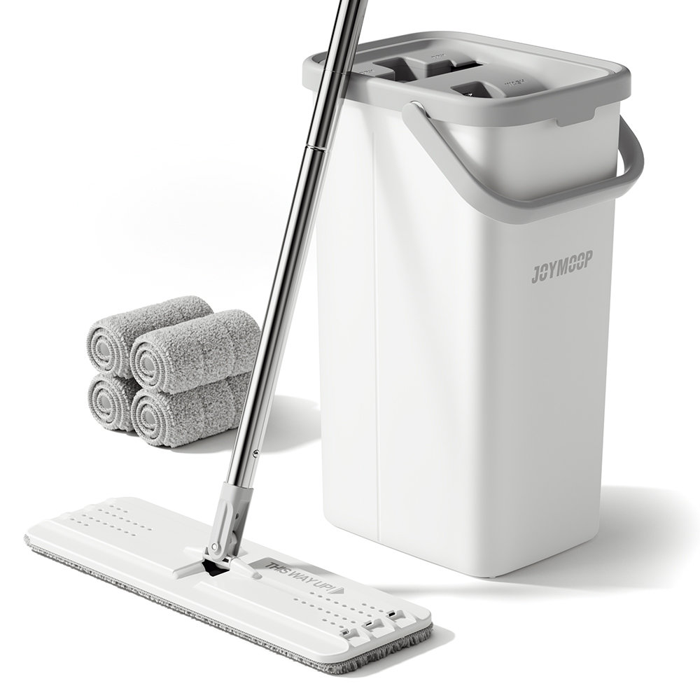 JOYMOOP Flat Squeeze Mop and Bucket Set, with 50" Mop Handle and 4 Grey ...