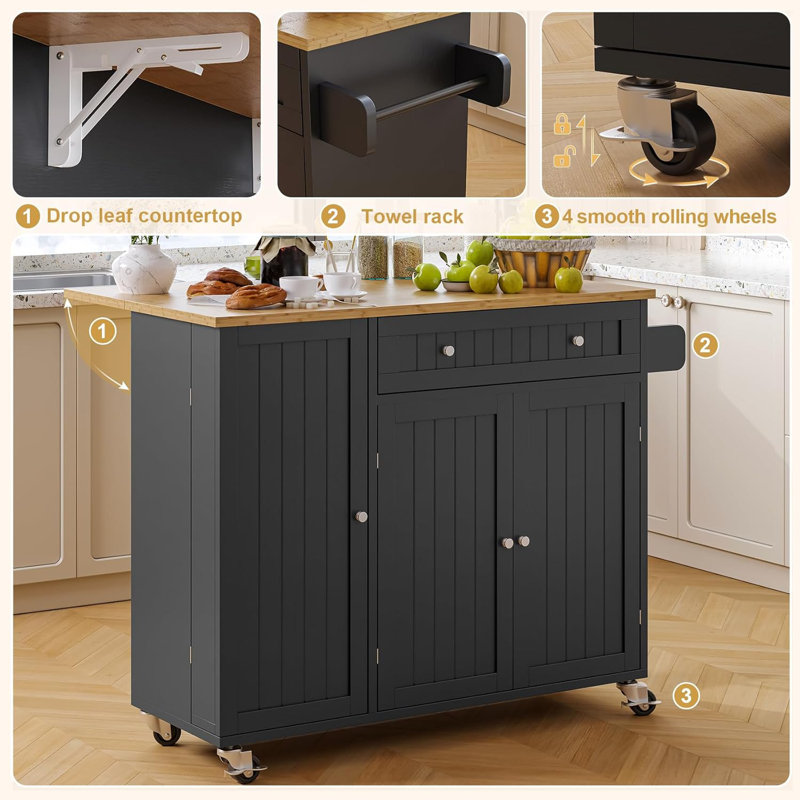 Lark Manor™ Kitchen Island with Drop Leaf, Island Table on Wheels ...