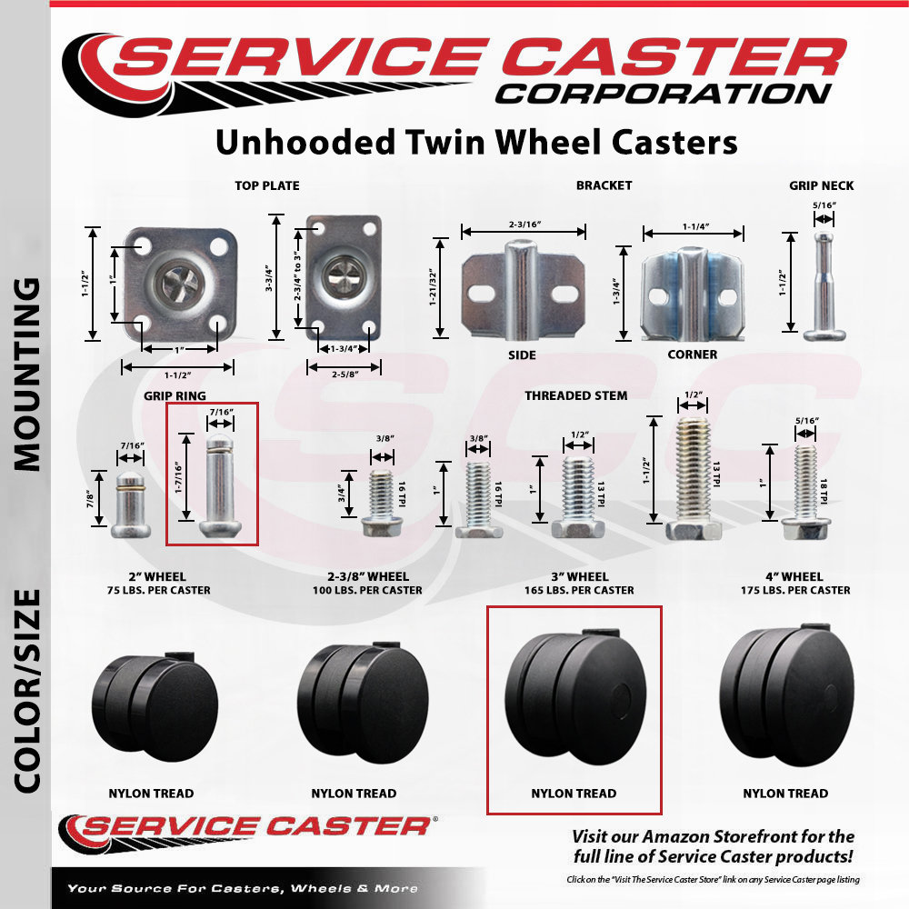 Service Caster 3 Inch Office Chair Casters Nylon Twin Wheel 7/16” Grip ...
