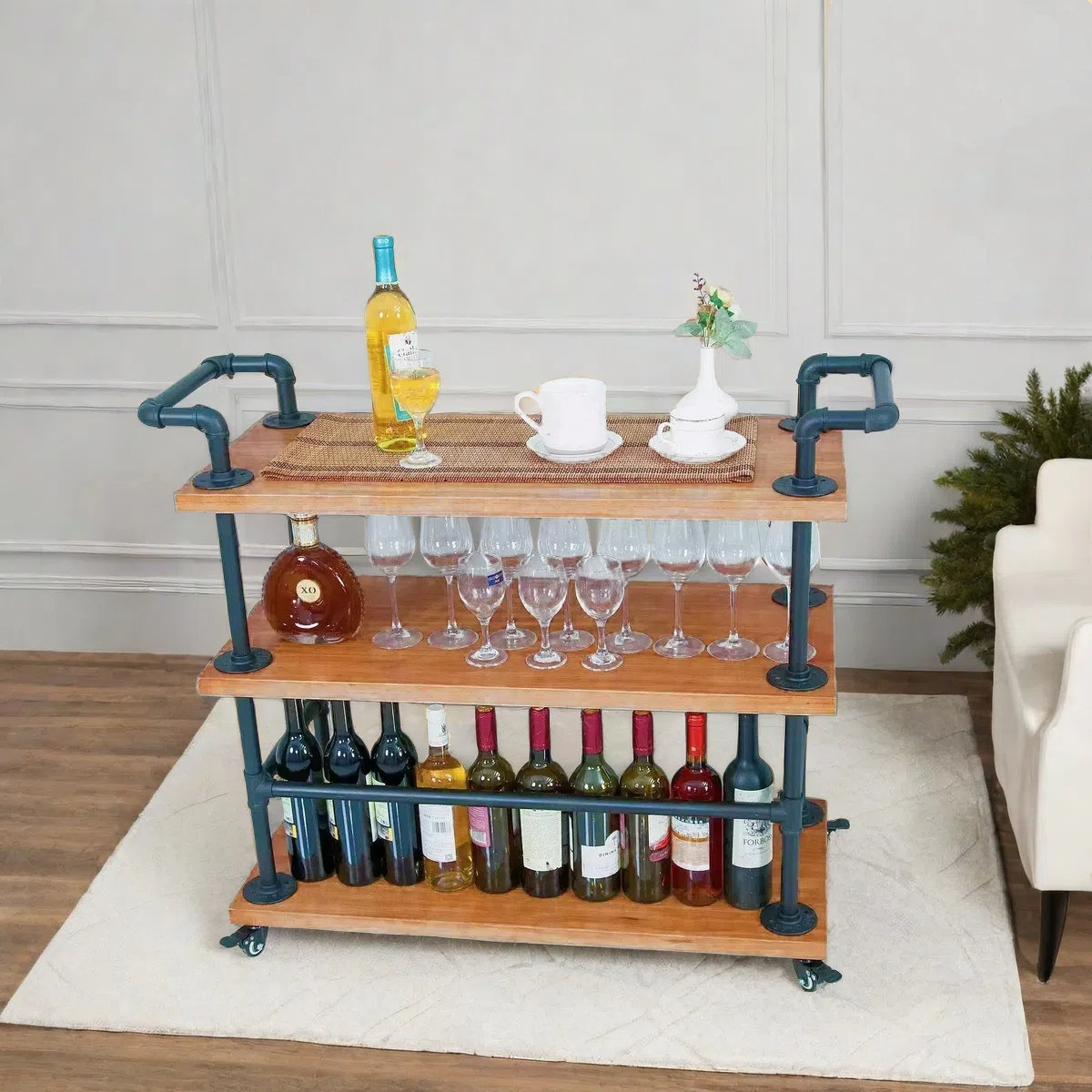 Williston Forge Industrial Bar Cart, Serving Cart With Wheels And ...