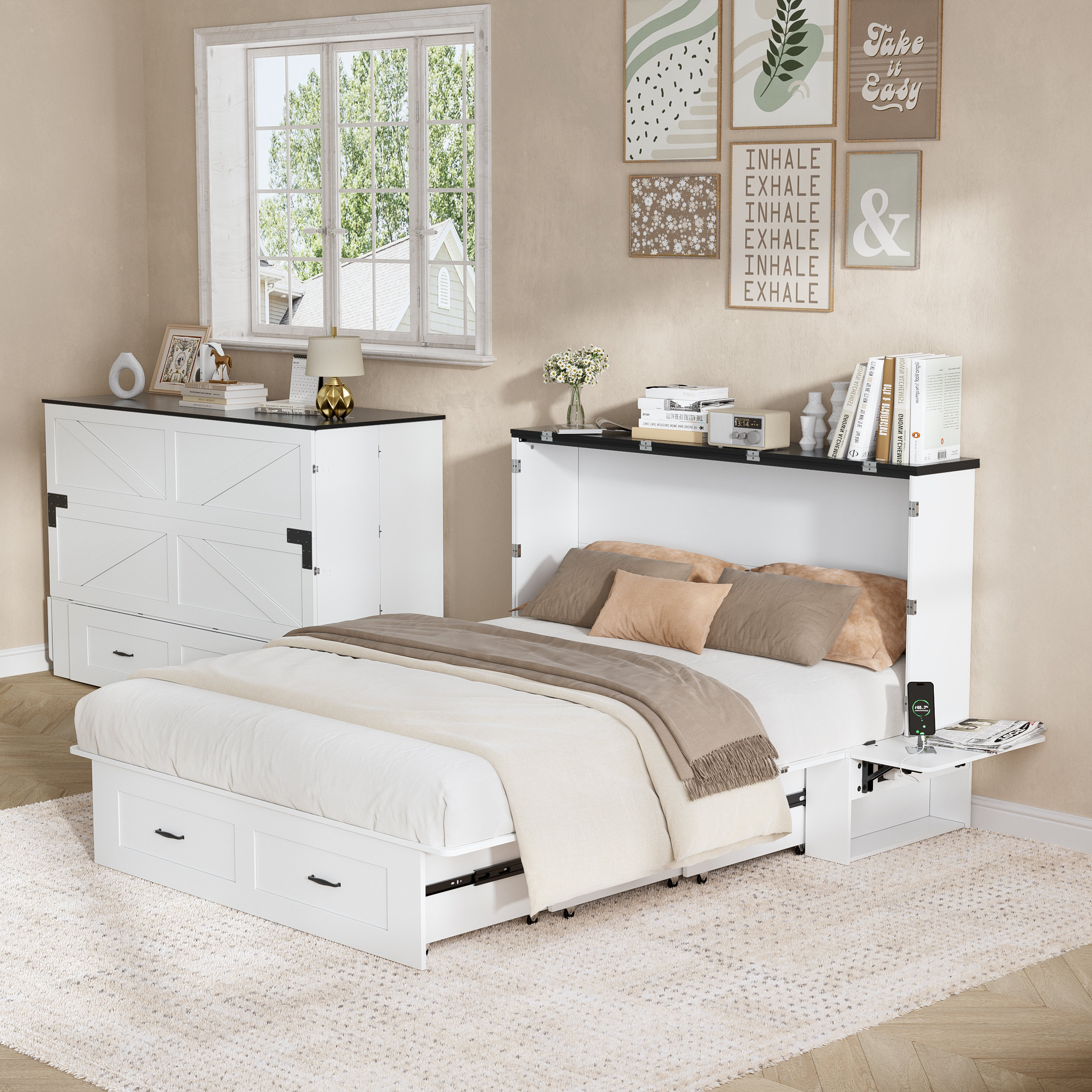 Gracie Oaks Queen Murphy Bed Cabinet with Charging Station & Large ...