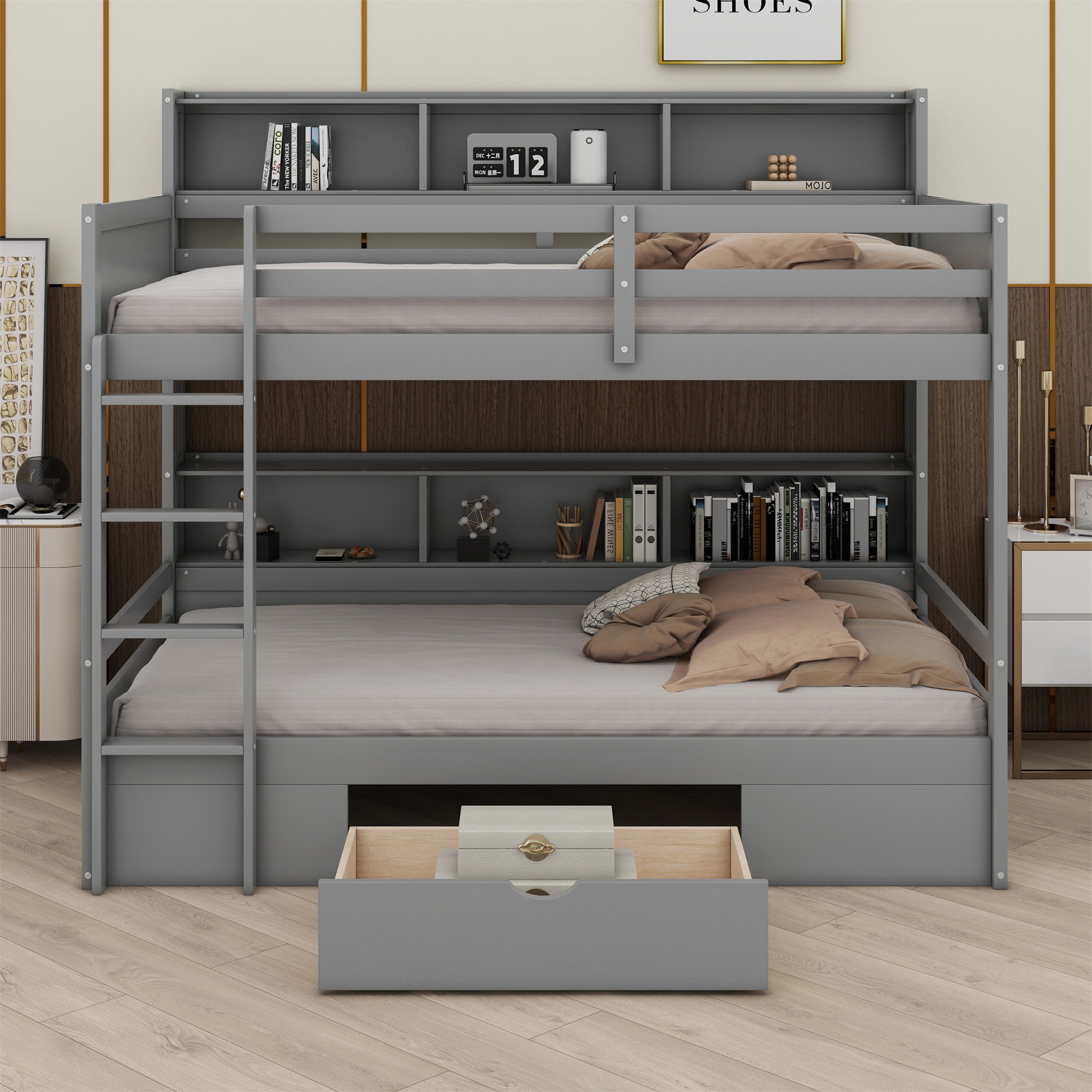 Harriet Bee Bunk Bed With Built-In Shelves Beside Both Upper And Down ...