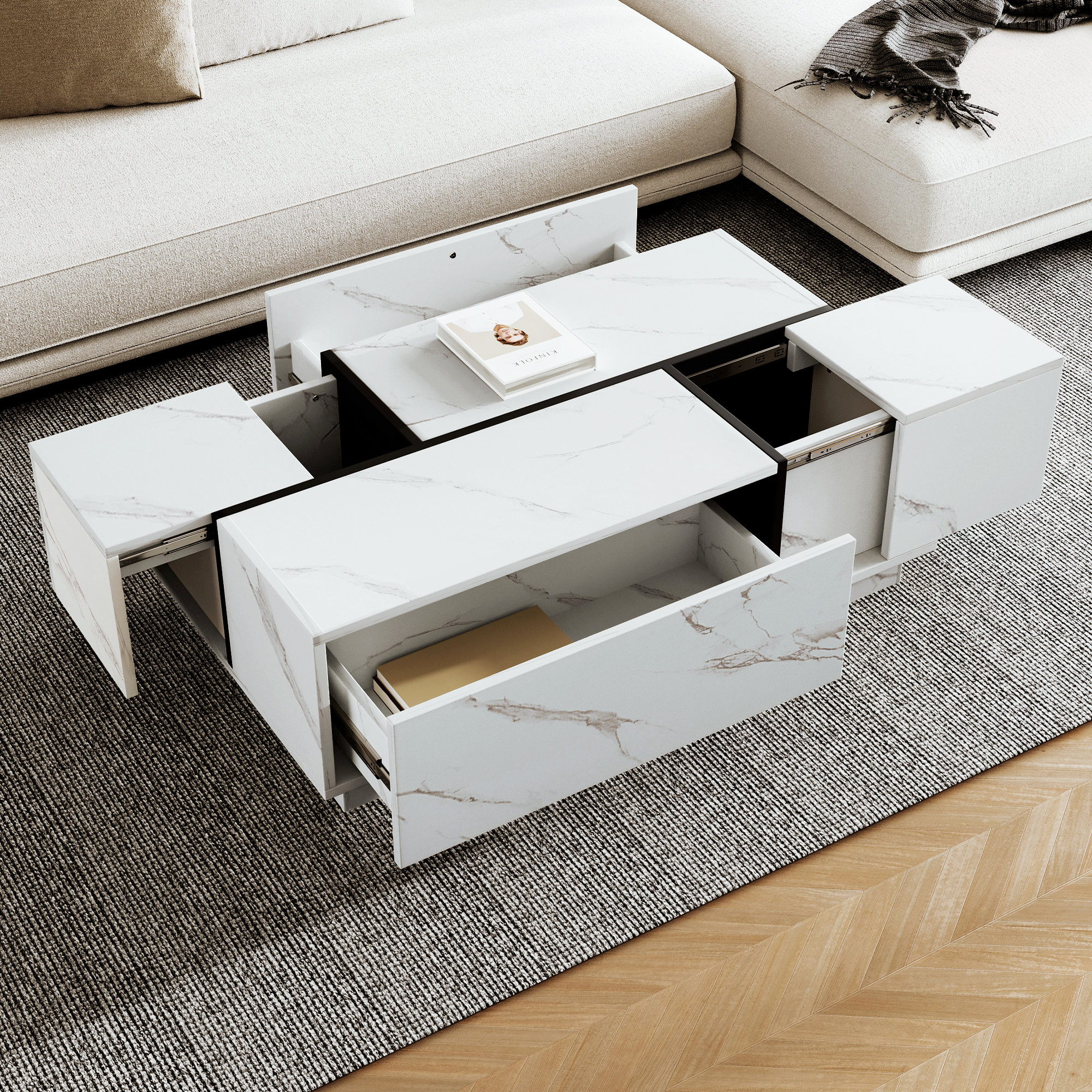 Wrought Studio™ Rectangular Sliding Top Coffee Table, White Marble Look ...