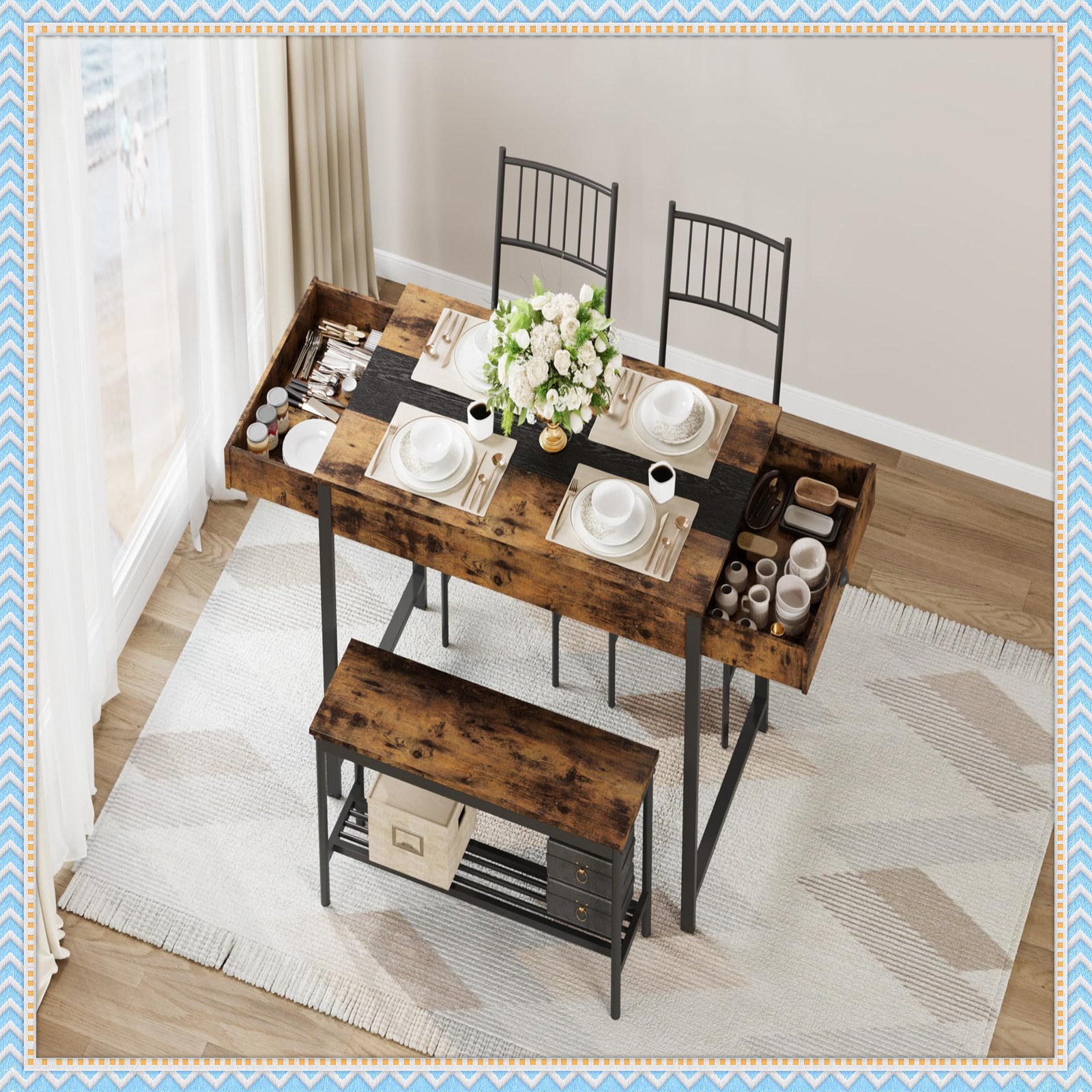 17 Stories 4-Piece Dining Table Set with Bench and Storage Drawers ...