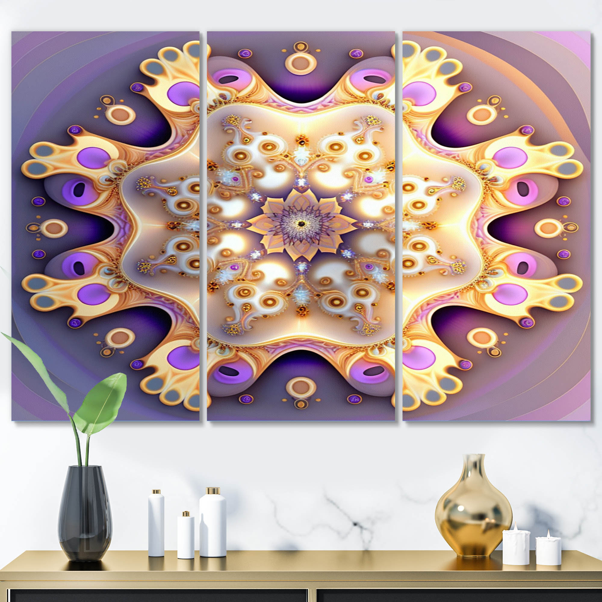 Design Art Ethereal Fractal Mandal In Purple And Yellow - Boho Mandala ...