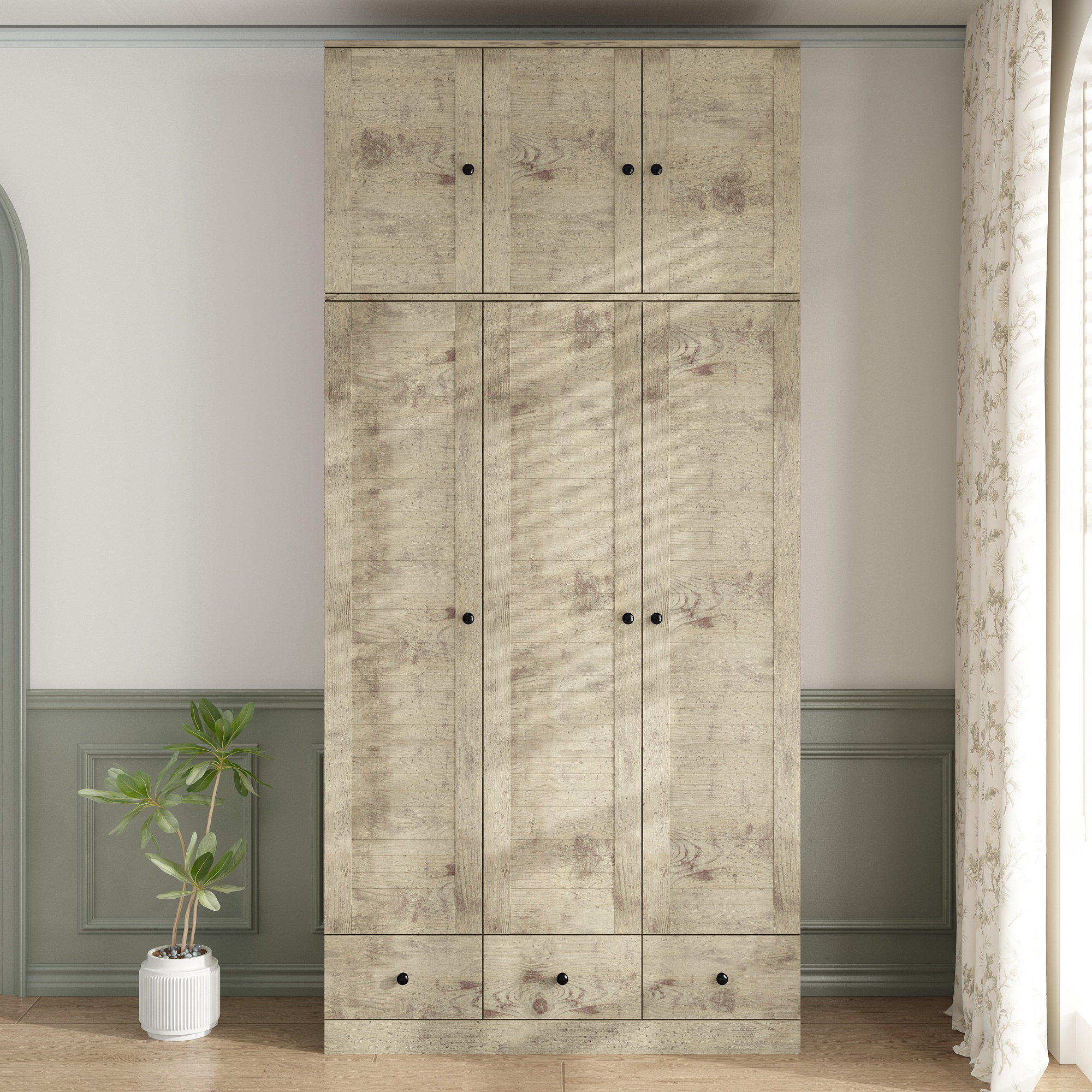 Ophelia & Co. Rustic Wooden Wardrobe With Top Cabinet, 3 Doors, And 2 ...